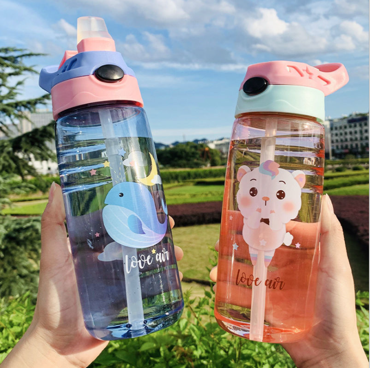 Ready Stock- Kids Cute Cartoon water Bottle with Straw and Handle, 550ML BPA Free Drinking ...