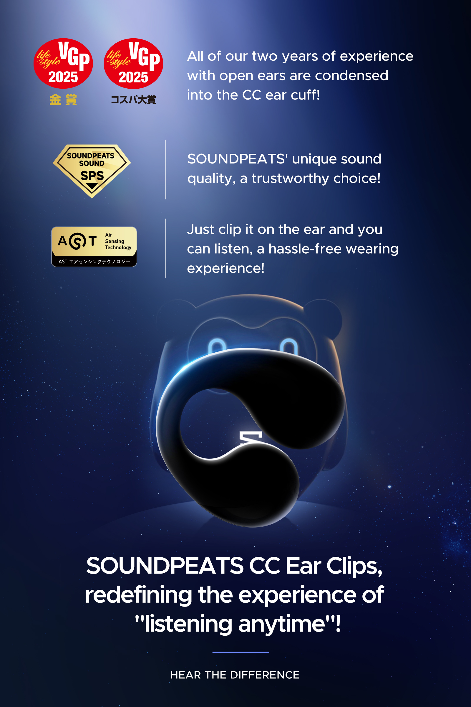 SoundPEATS PearlClip Pro Earphones Open Ear Air Conduction CC Ear Clip ...