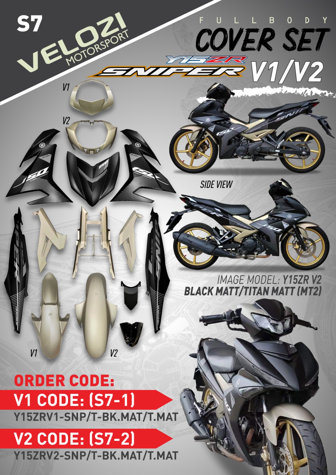 COVERSET YAMAHA Y15 Y15ZR V1 V2 SNIPER BLACK MATT / SNIPER BLACK TITAN ...