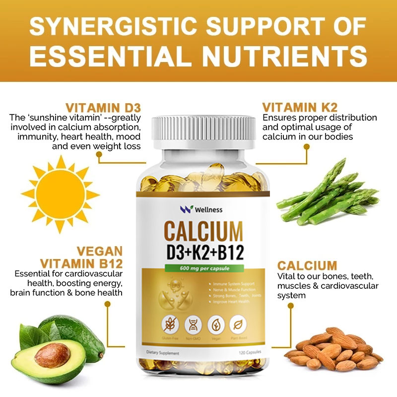 Wellness Calcium Vitamin D3 K2 B12 Capsule Supplement Support Cardiovascular Bone and Joint ...