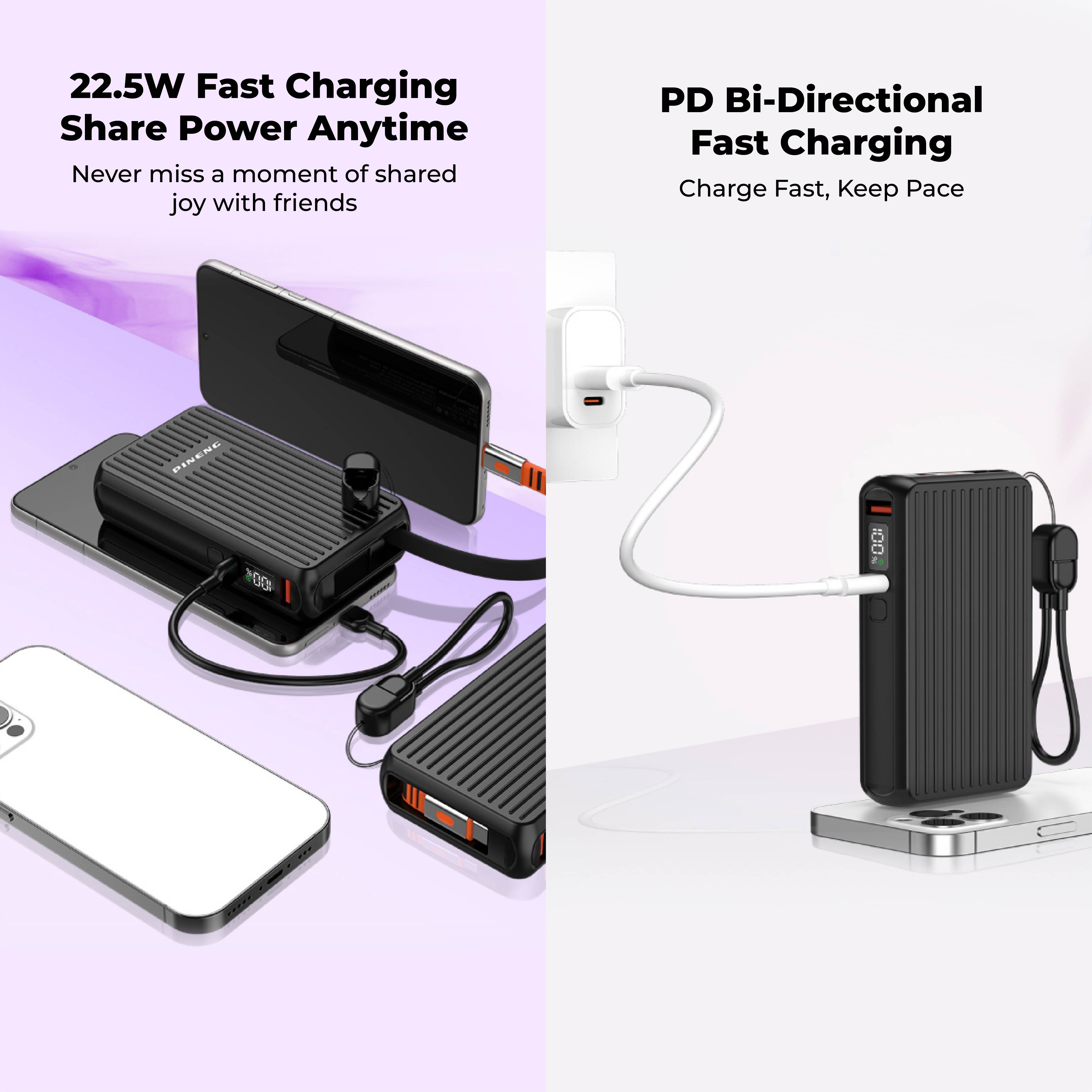 Pineng PN-722PD 10000mAh Portable Retractable Cable Powerbank | Shopee ...