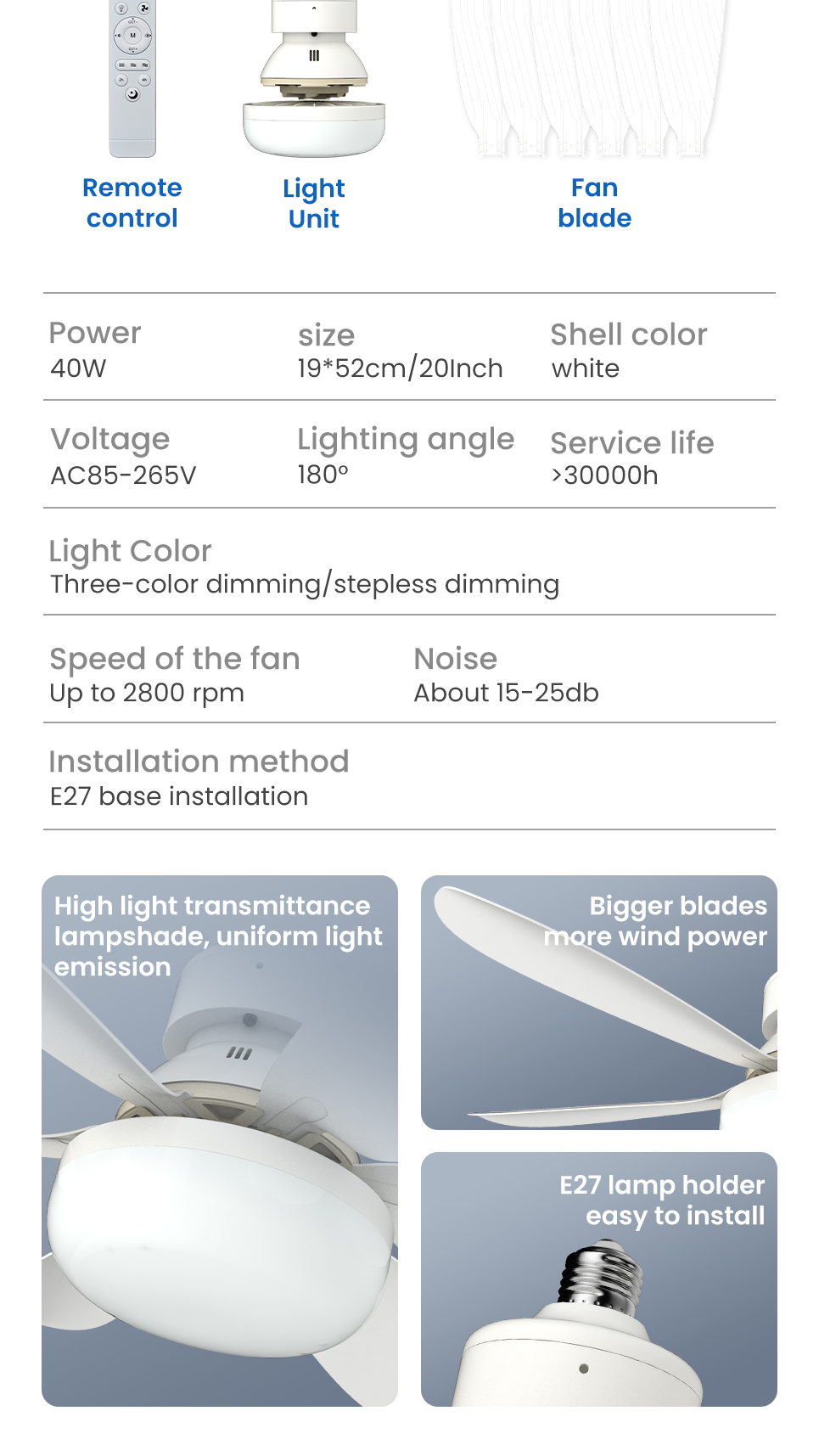 Han River 52CM Ceiling Fan With Light 40W E27 6 Blades Silent Fan Light ...