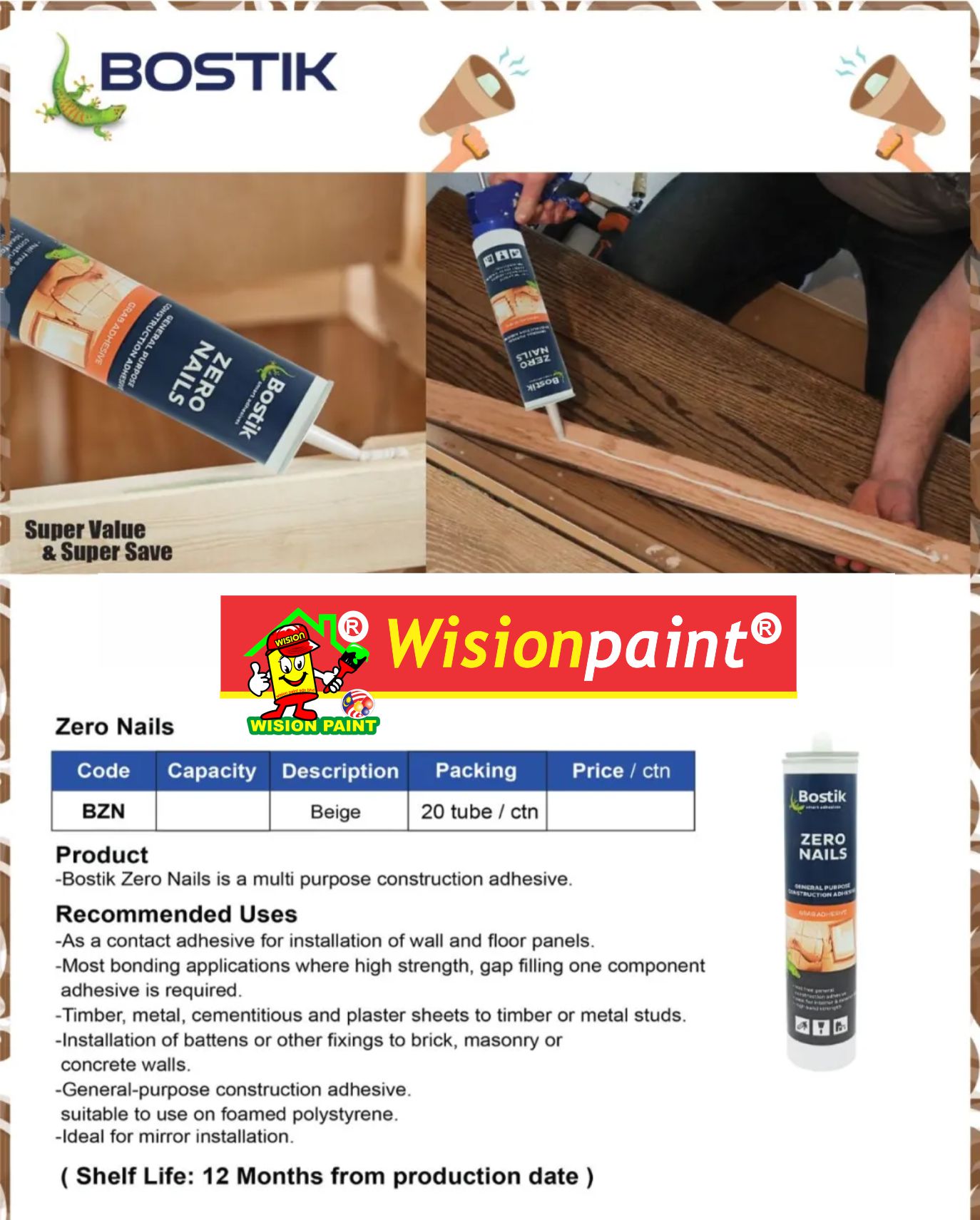 BOSTIK ( ZERO NAIL 300g ) construction adhesive / no more nail ...