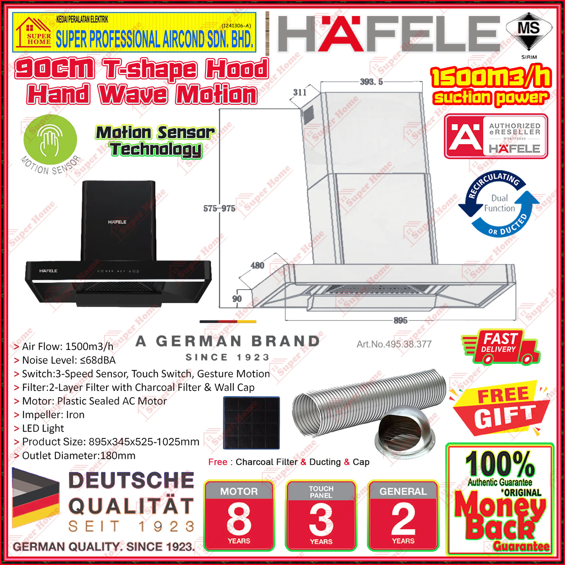 Hafele Kitchen Hood 495.38.377 90cm Chimney Range Hood | Hand Wave ...