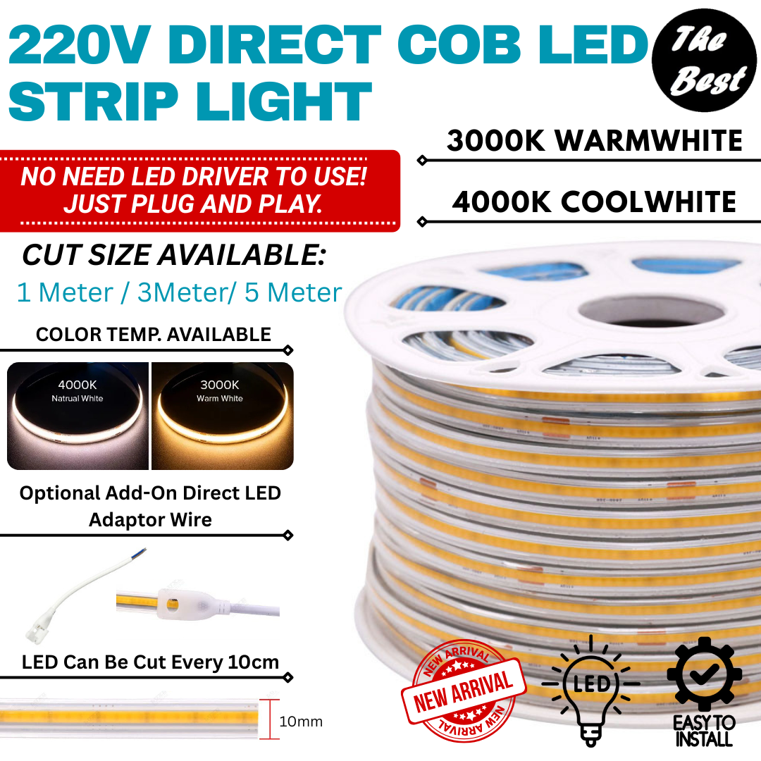 DIRECT 220V LED COB STRIP LIGHT 3000K 4000K 6500K WARMWHITE COOLWHITE ...