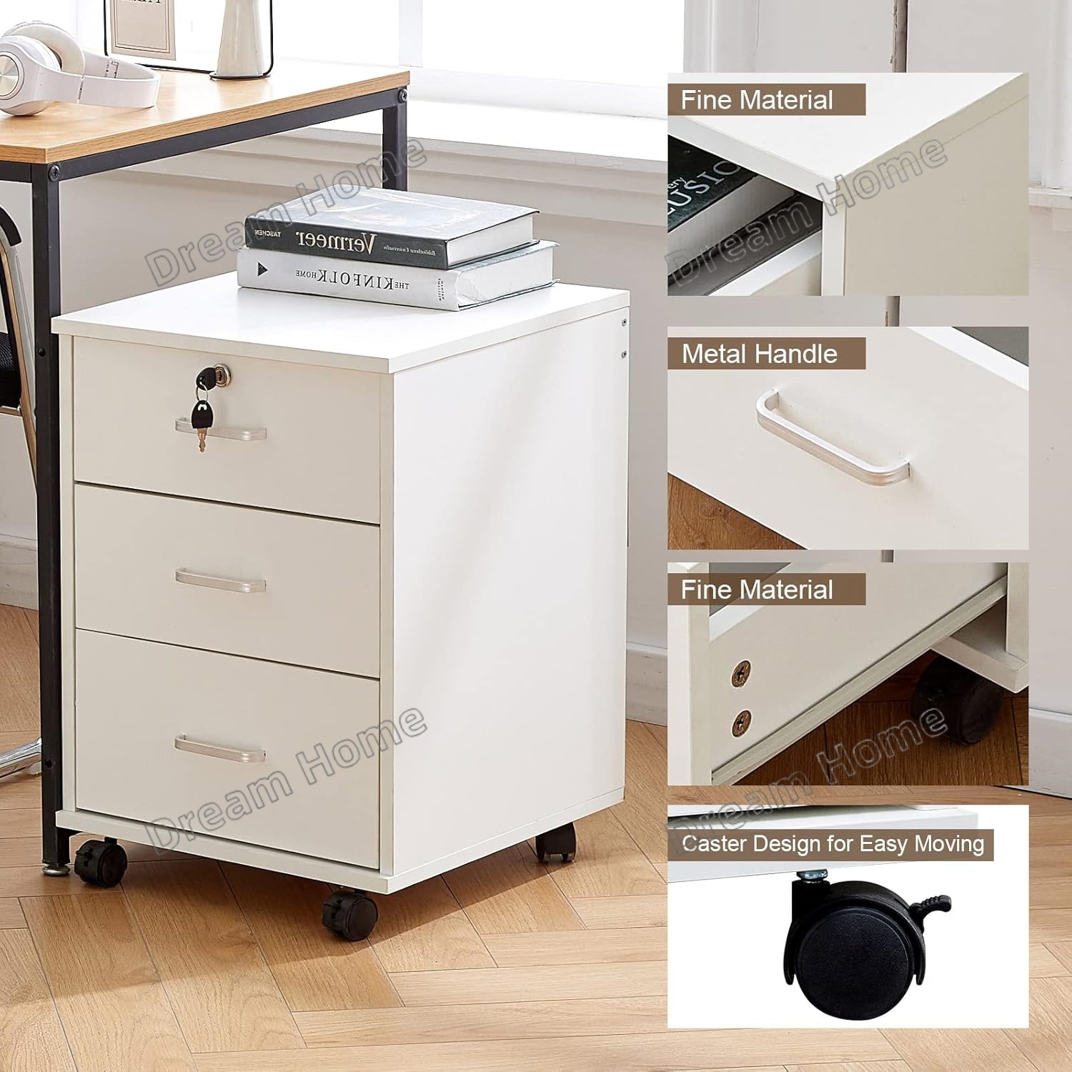 File Cabinet with 3 Drawers & Wheels, Lockable Storage Unit Wooden ...