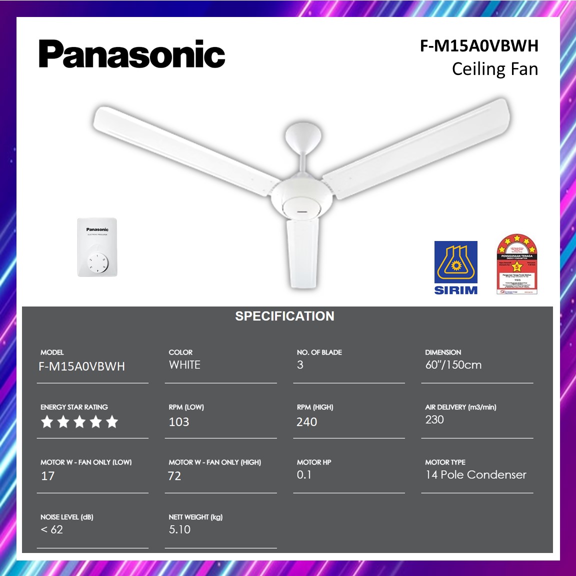 Panasonic 60" Ceiling Fan F-M15A0VBWH/ KHIND CF618 Ceiling Fan / Kipas ...