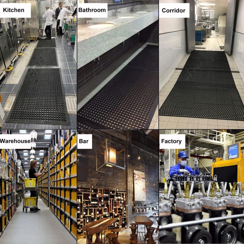 Black Rubber Floor Mat Large Non-Slip Anti Grease Mat Water Drain Chef ...