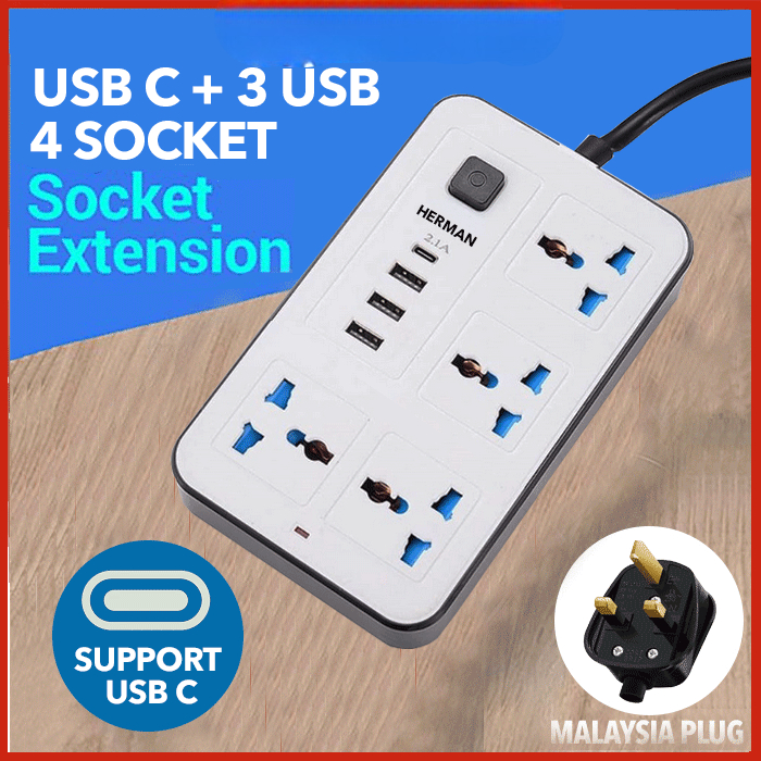 Socket Extension - USB-C + 3 USB Ports, 4-Socket Universal Electric ...