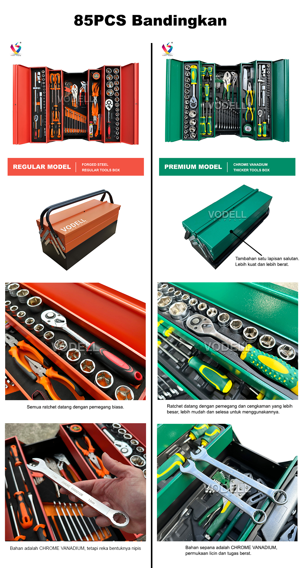 VODELL 85pcs Cantilever Metal Tool Box Set 5 Tier 1/2" and 1/4 ...