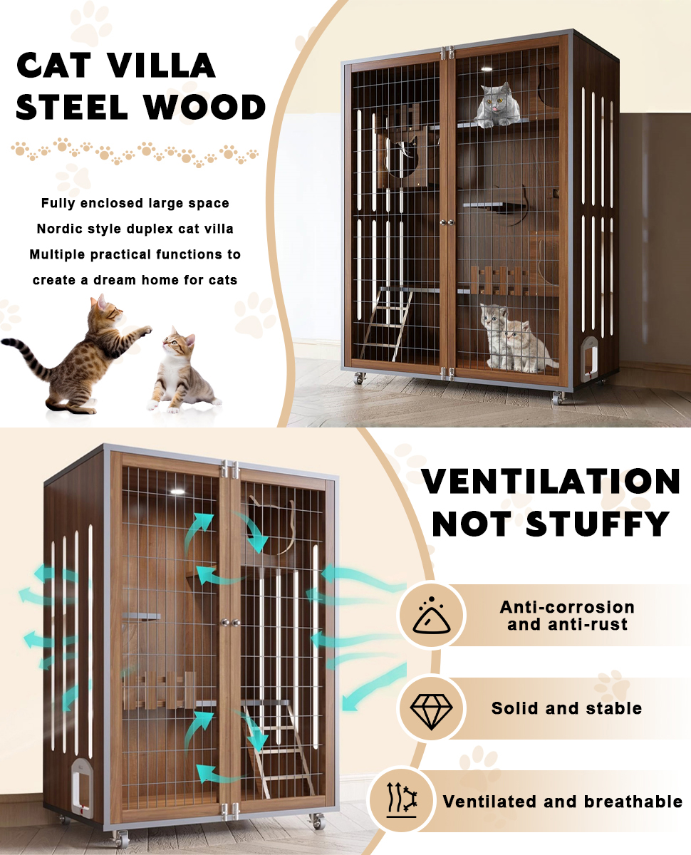 Sangkar Kucing Cat Villa Rumah Kucing Outdoor Waterproof Rustproof Iron Mesh Solid Wood Cat ...