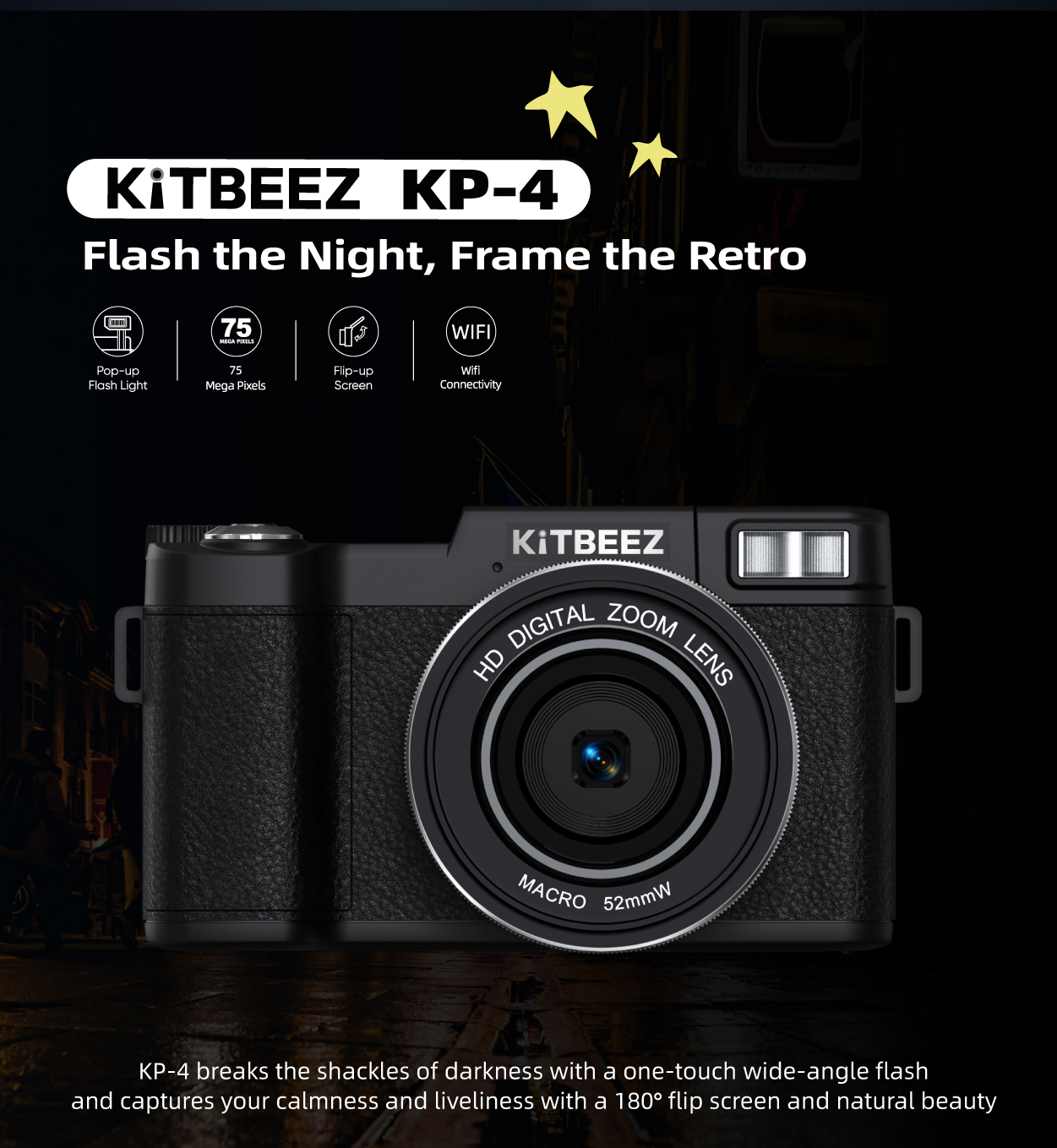 KiTBEEZ KP-4 5K WIFI Digital Camera 75MP 18X Zoom &180° Flip Screen ...
