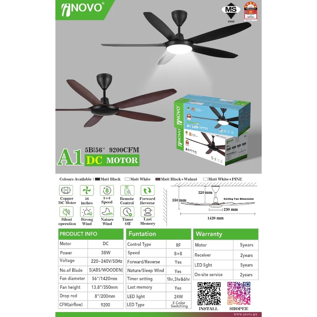 INOVO A1 LED 56” 5 Blade 16 Speed DC motor Ceiling Fan With Light RF ...
