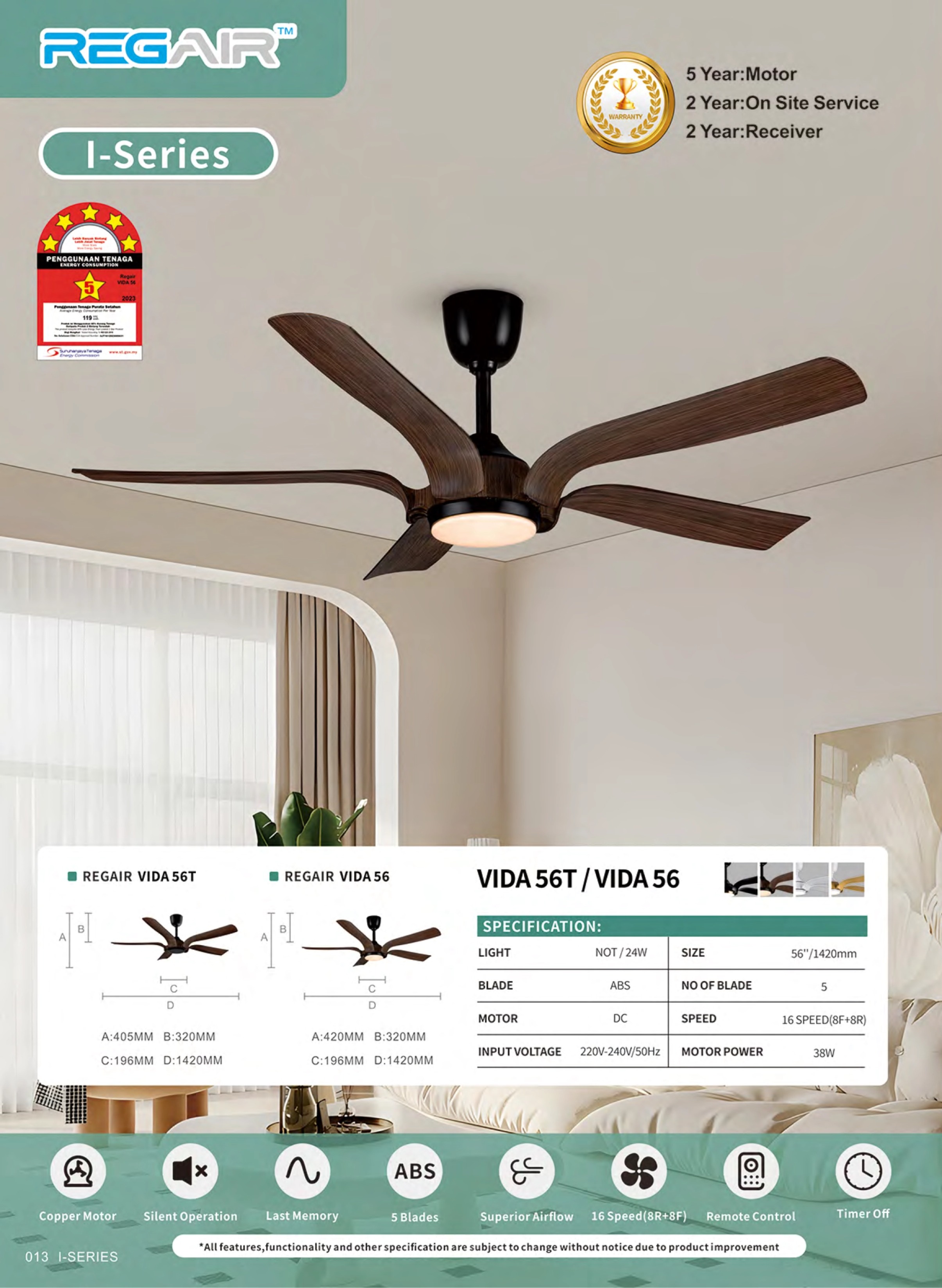 REGAIR VIDA 56 DC Silent Ceiling Fan with Light Remote Control 16Speed ...
