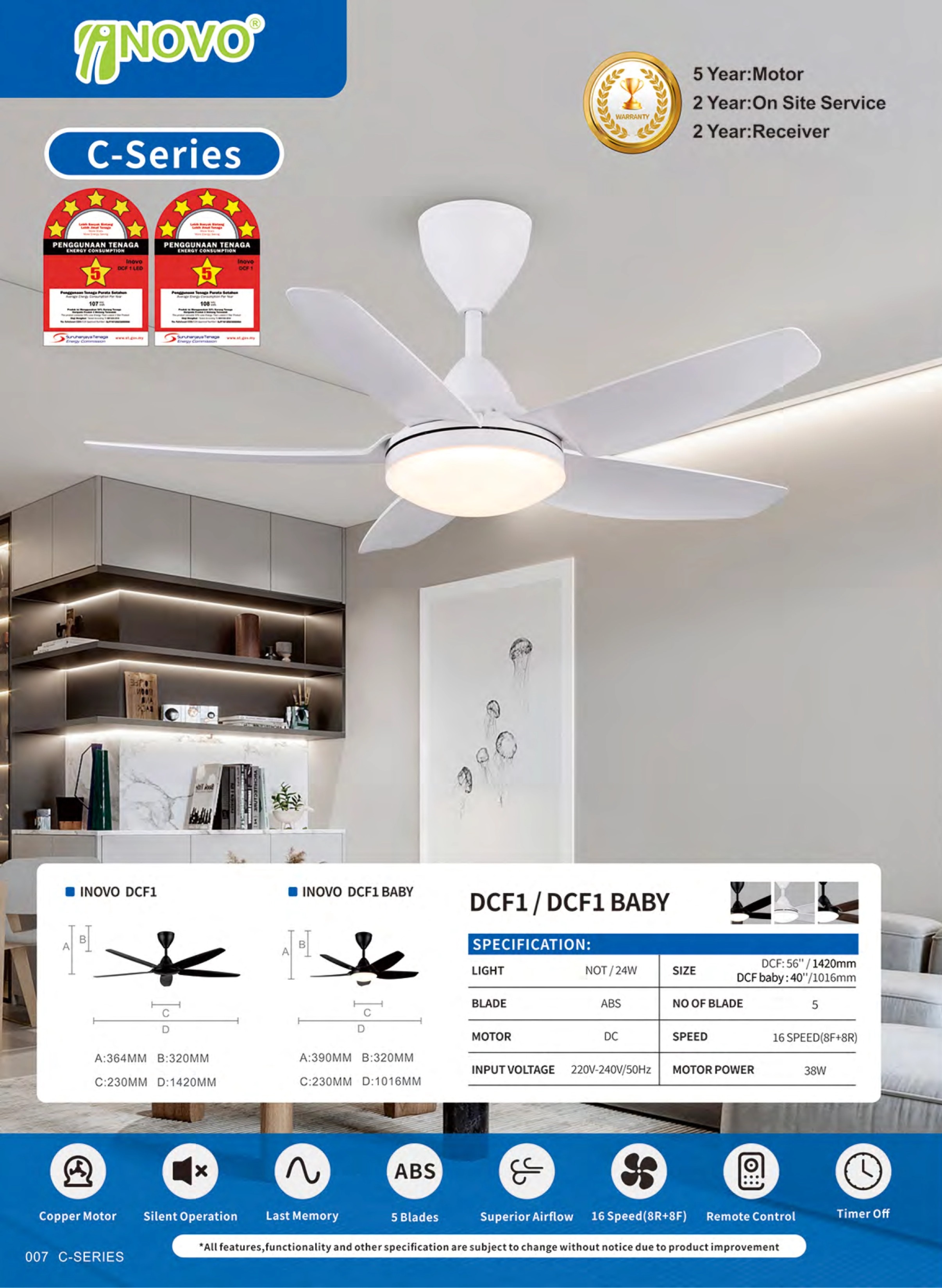 INOVO DCF1 56" DC Silent Ceiling Fan with Light Remote Control 5 ABS ...
