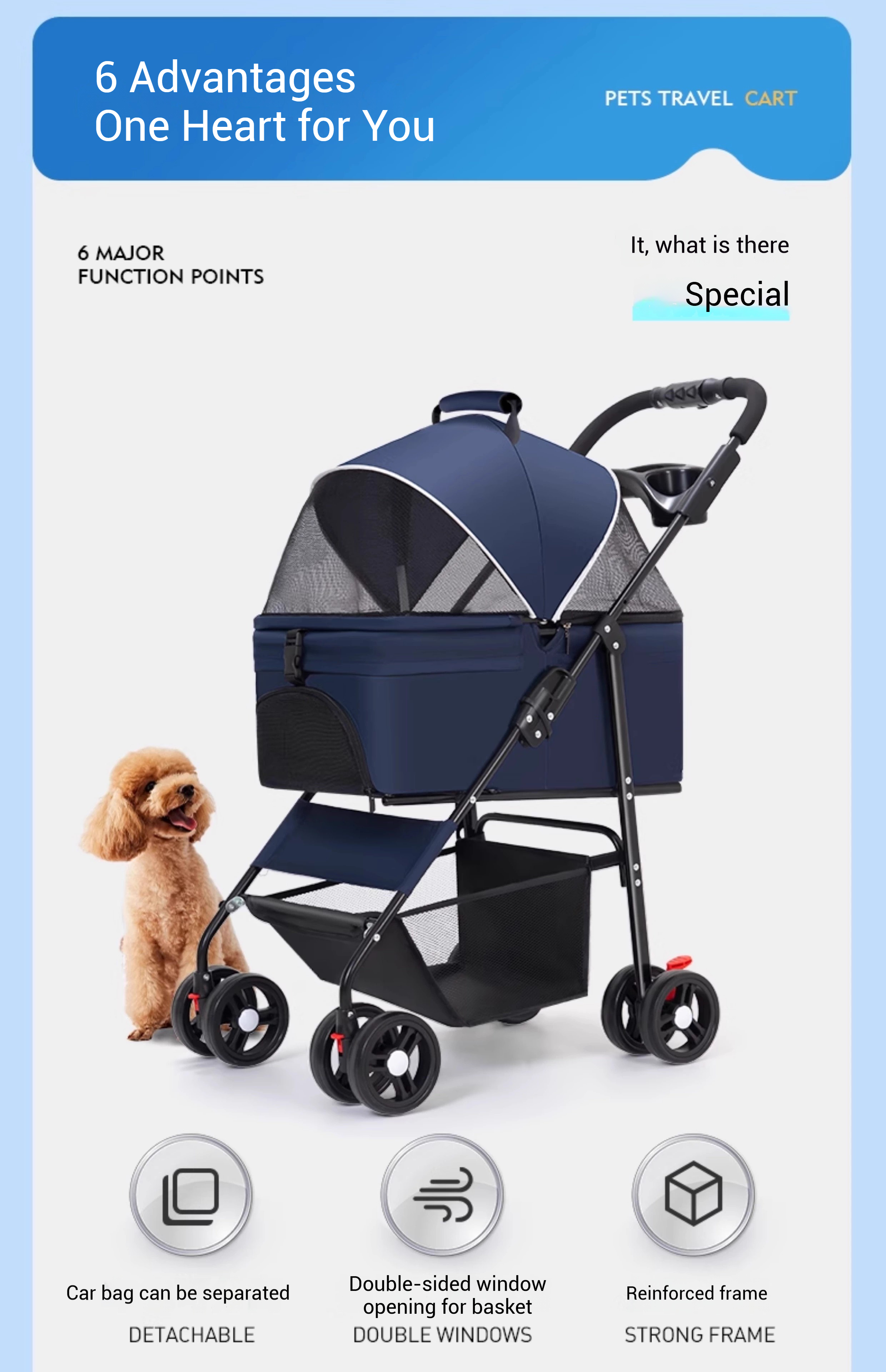 pet stroller large stroller Detachable Pets Stroller 360° Universal ...