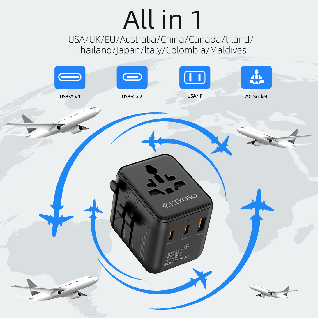 KIYOSO 25W Universal Travel Plug Adapter 2500W 2 Type-C Fast Charging 1 ...