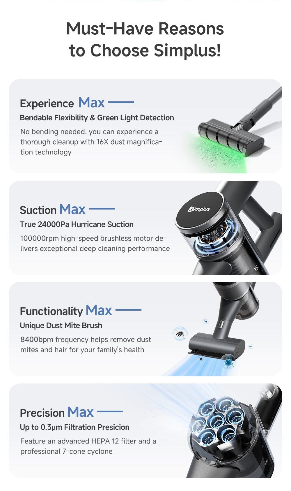 Simplus Vacuum Cleaner | 27,000Pa Suction Power | Green Light Detection | Bendable Design ...