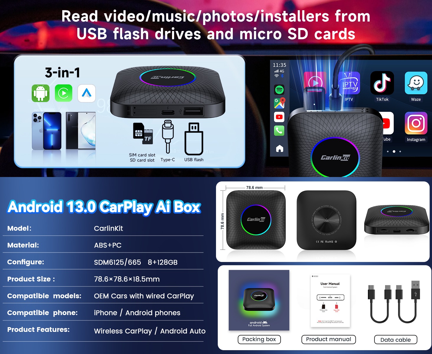 8+128G Carlinkit carplay ai box Carplay android 13 8-Core Carlink kit ...