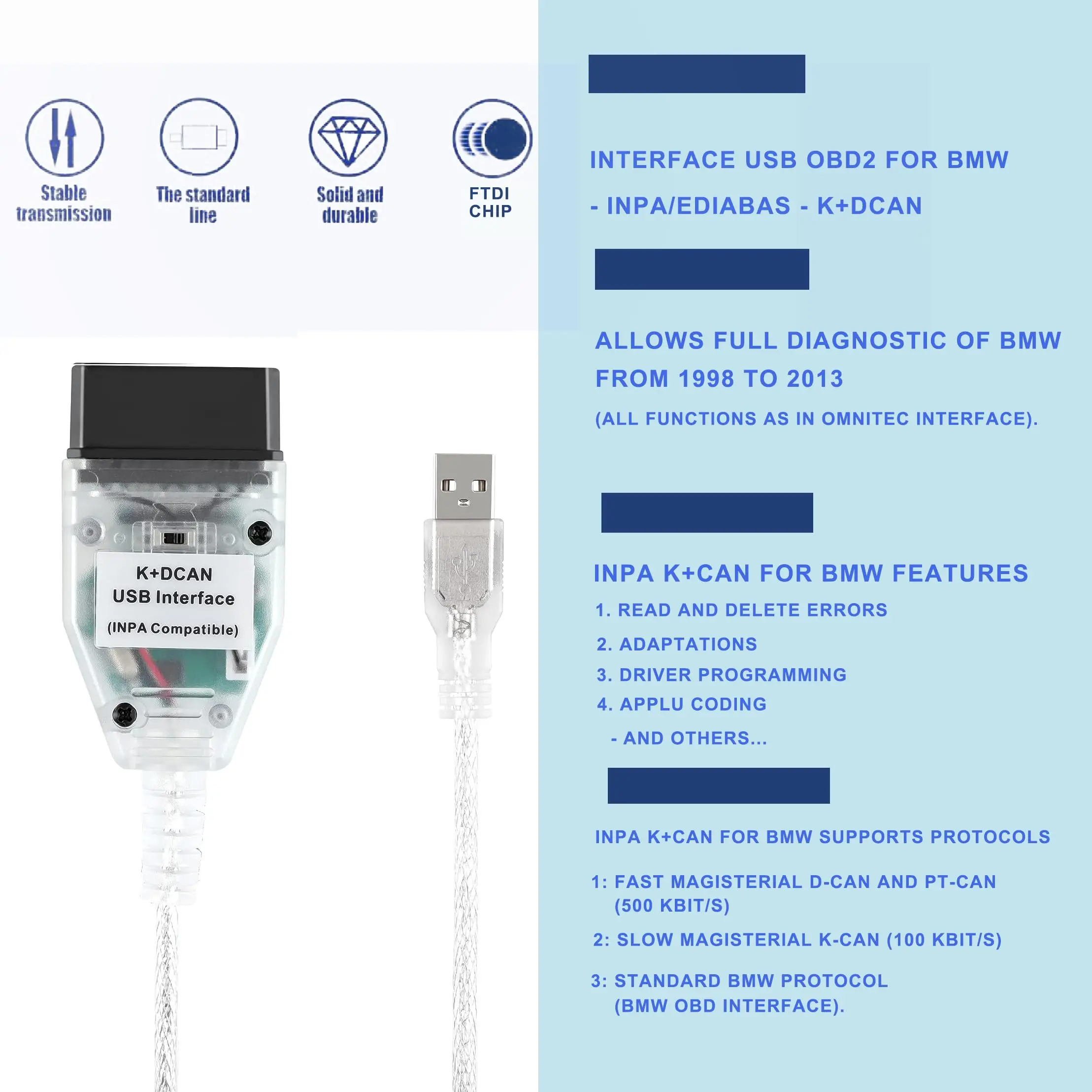 OBD 2 USB Cables For inpa For bmw K+DCAN USB Interface Diagnostic Tool ...