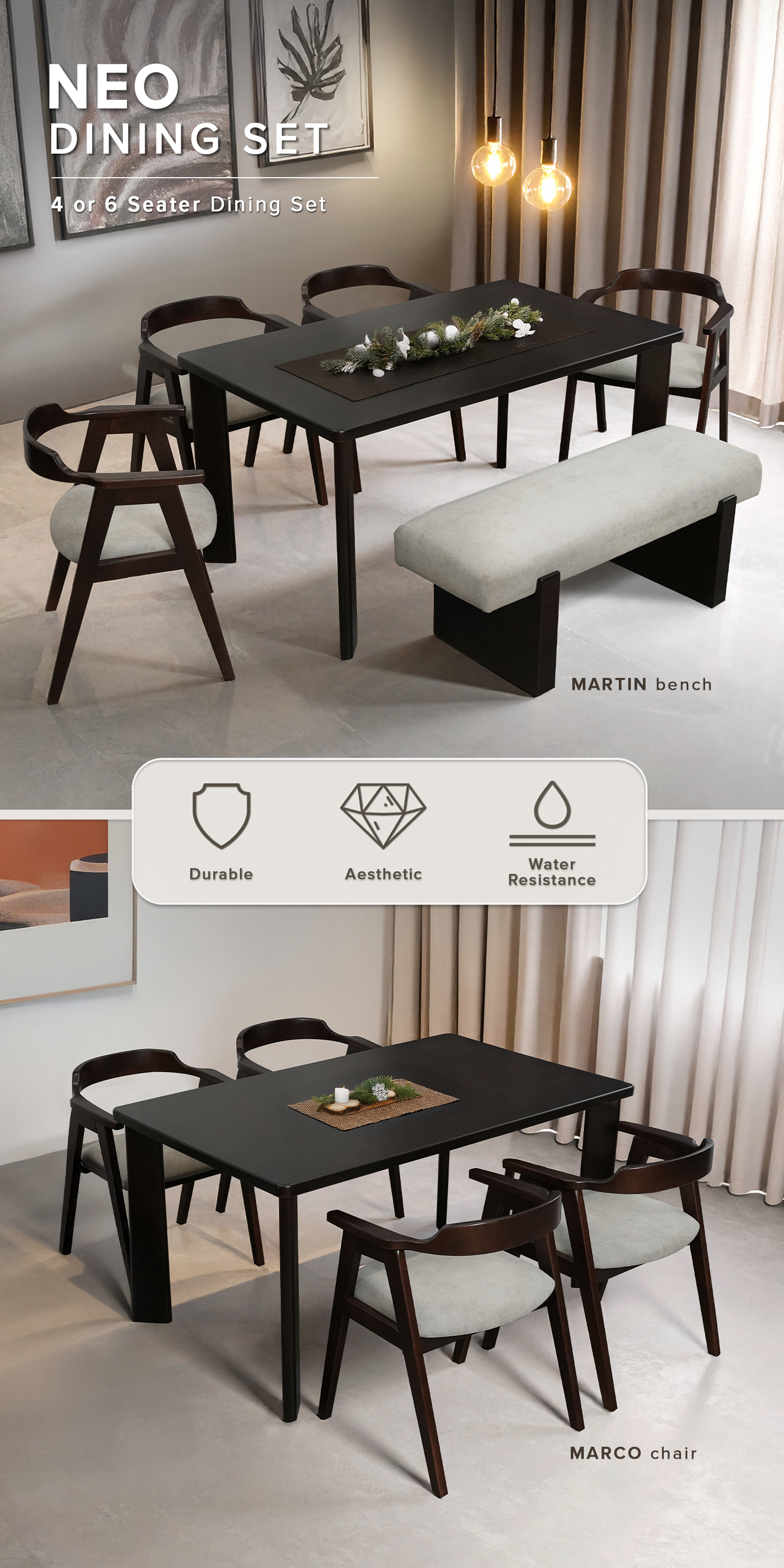 KitchenZ Sabah Neo Dining Set 6 Seater with Solid Rubberwood - DT-NEO ...
