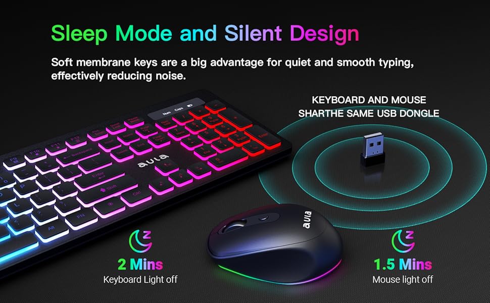 AULA AC308 Wireless Keyboard Mouse Set/ 2.4G Silent Full Size 108 Key ...