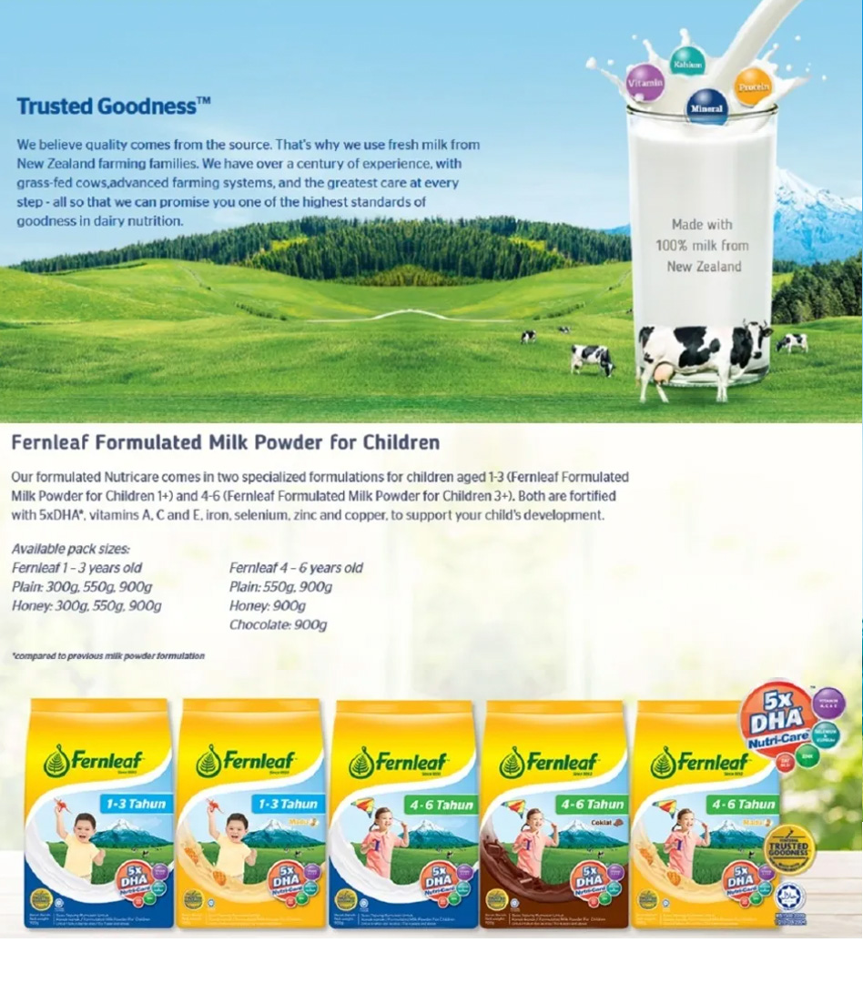 Fernleaf 4 - 6 years Kids Milk Formula Powder Plain 850g x 12 packs (1 ...