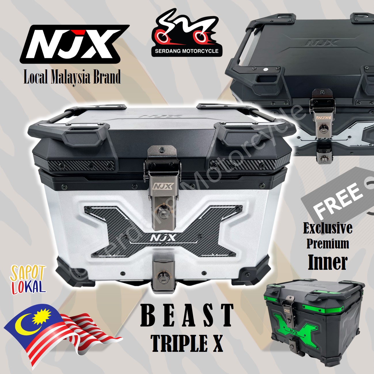 NJX Beast 45L 55L Stainless Steel Top Box Triple X Design Kotak ...