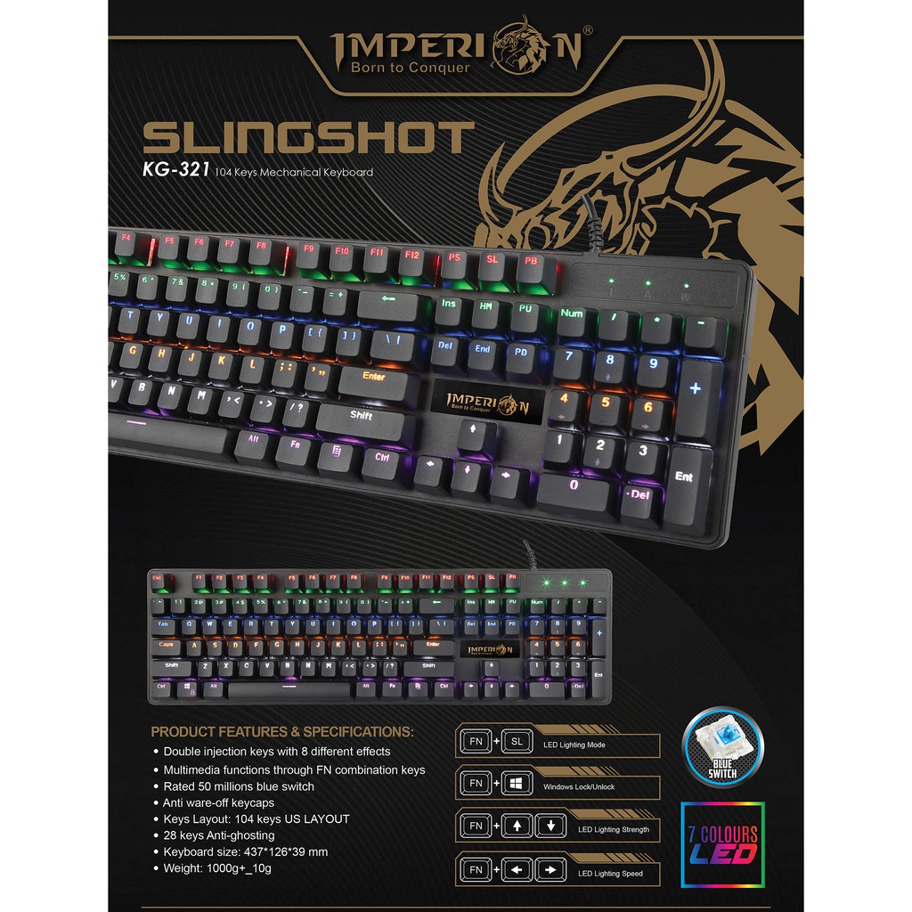 IMPERION KG-321 SLINGSHOT MECHNICAL 7 LED 104 KEYS USB GAMING KEYBOARD ...