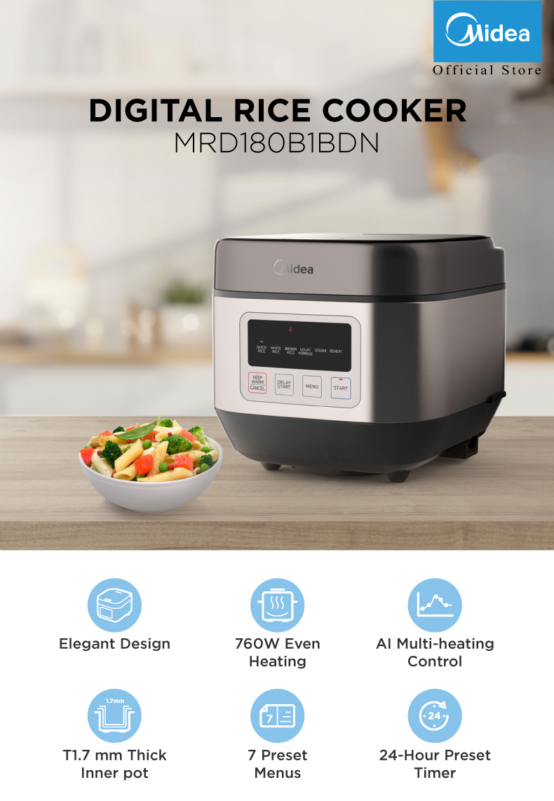 Midea MRD180B1BDN 1.8L Digital Rice Cooker With 7 Preset Menus & AI ...