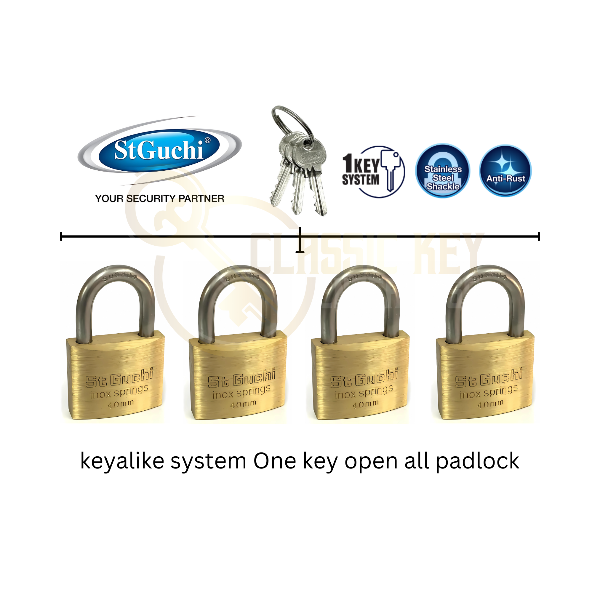 St Guchi Padlock Model SGPL-81 Solid Brass Body 40mm (Stainless Steel ...