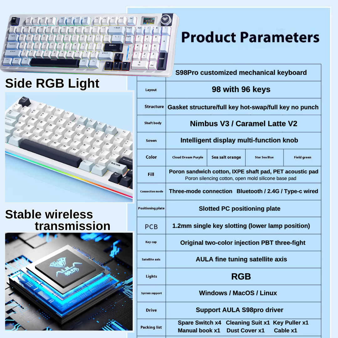 AULA S98Pro Mechanical Keyboard 3mode Bluetooth 2.4G Type-C 98Layout 96Key Customized Gasket ...