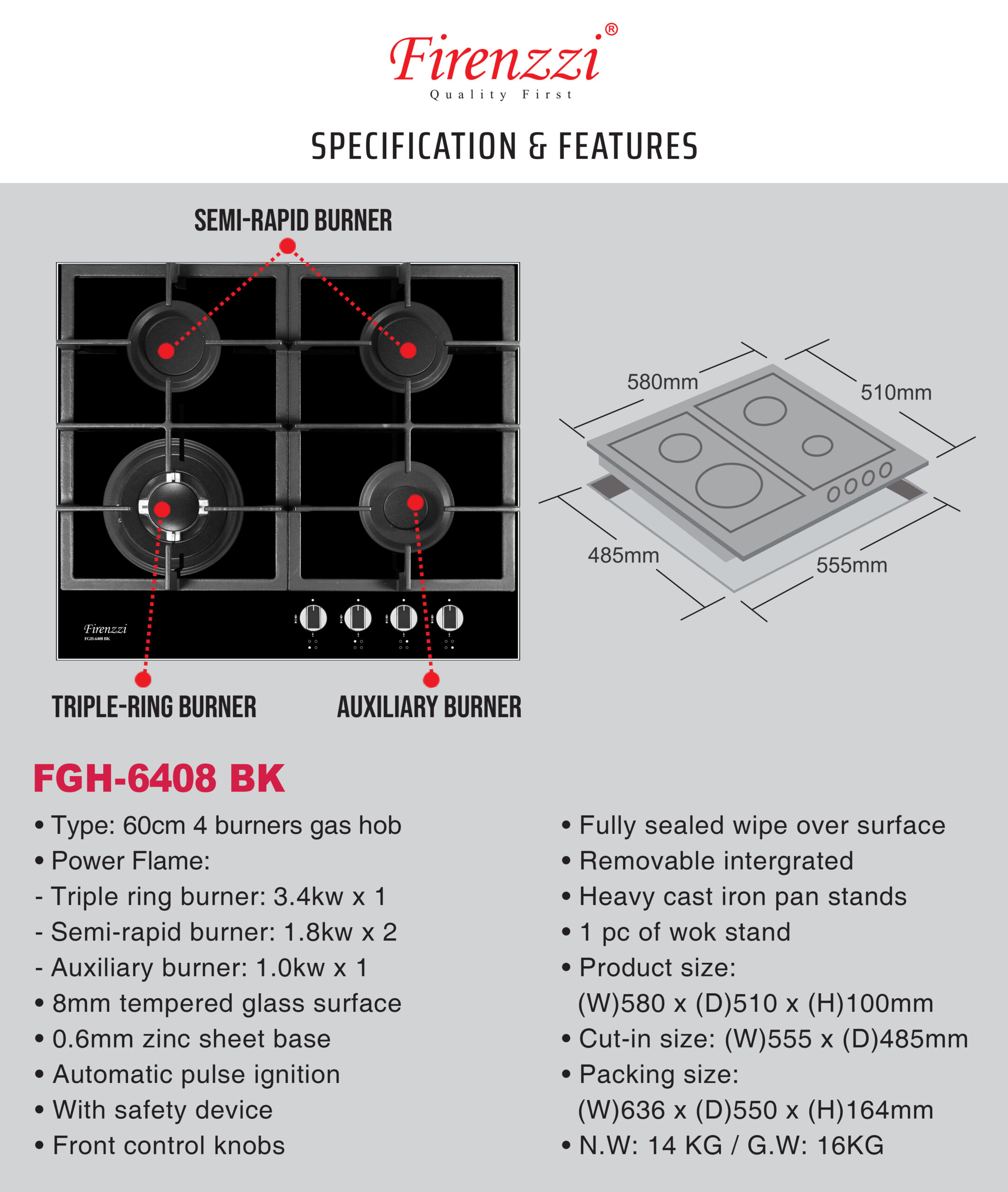 Firenzzi FH-6408 SS / ELBA EBH-6630 60cm 4 Burners Stainless Steel Gas ...