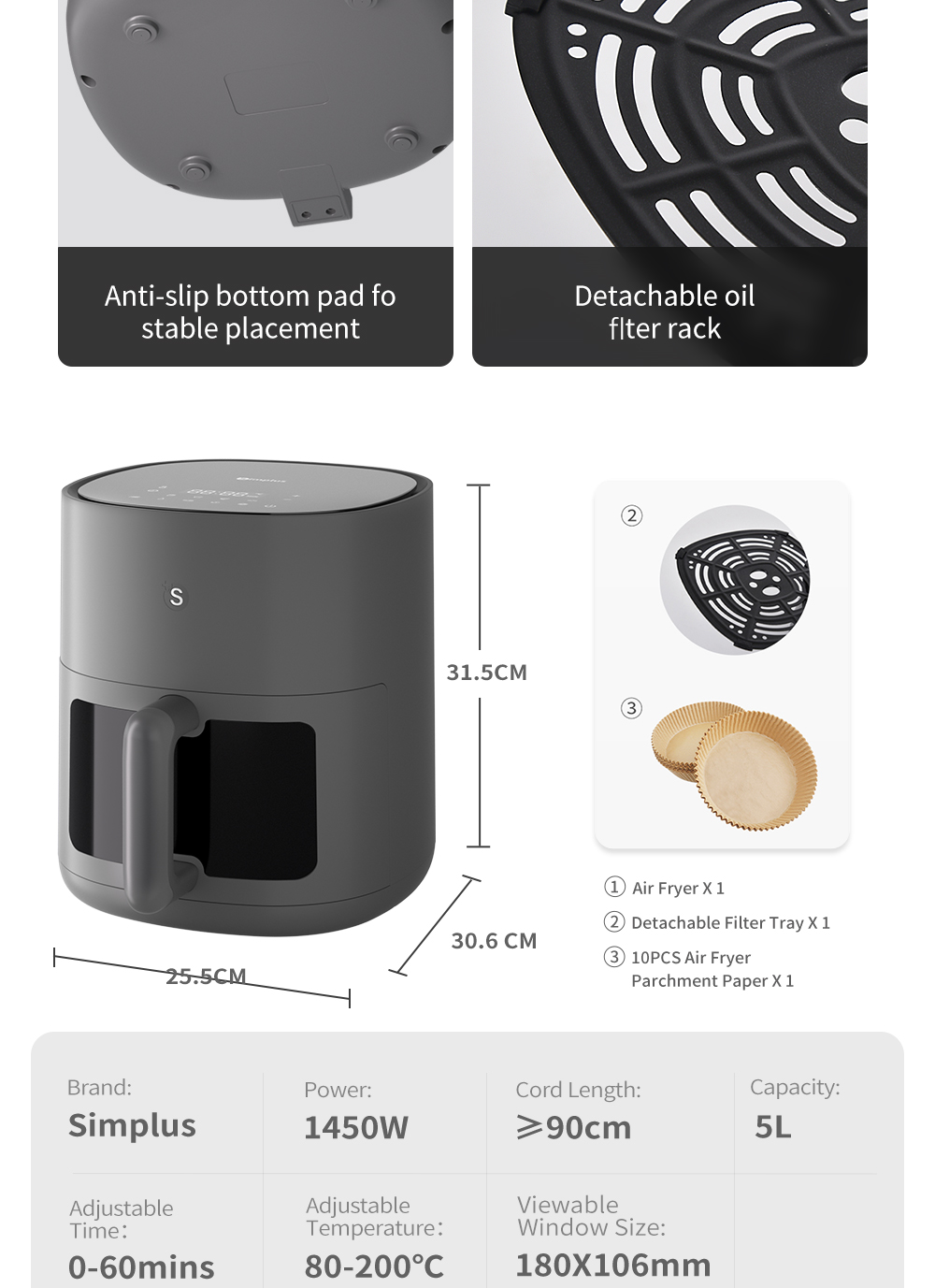 Simplus Air Fryer 5L Large Capacity|1450W Power | Digital Screen ...