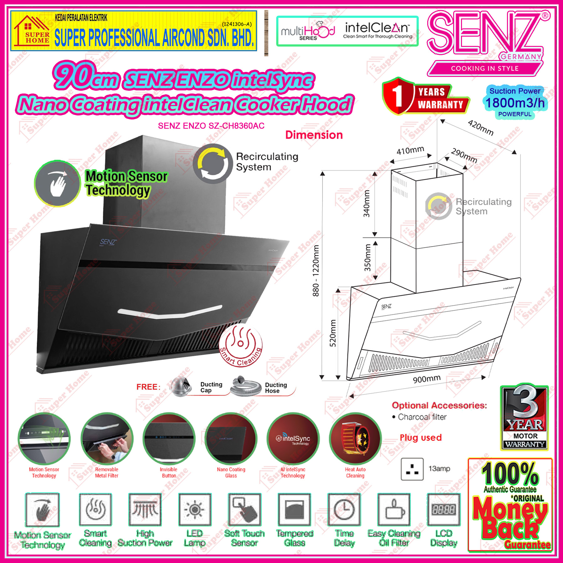 SENZ Cooker Hood SENZ ENZO SZ-CH8360AC with Nano Coating Glass Panel ...