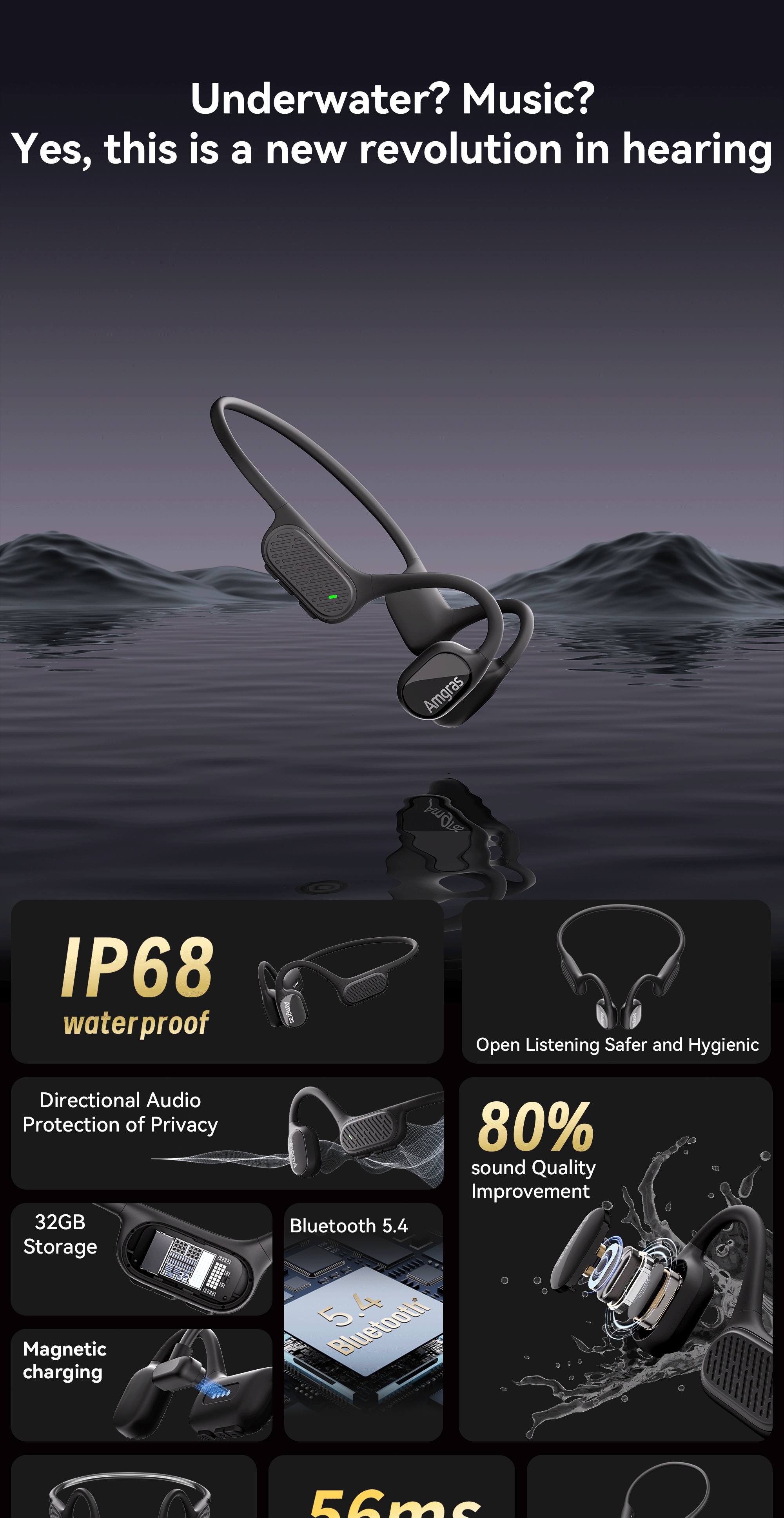 Amgras OpenMeta IV Ultra Swimming headphone IP68 Bone Conduction Sports earphone bluetooth MP3 ...
