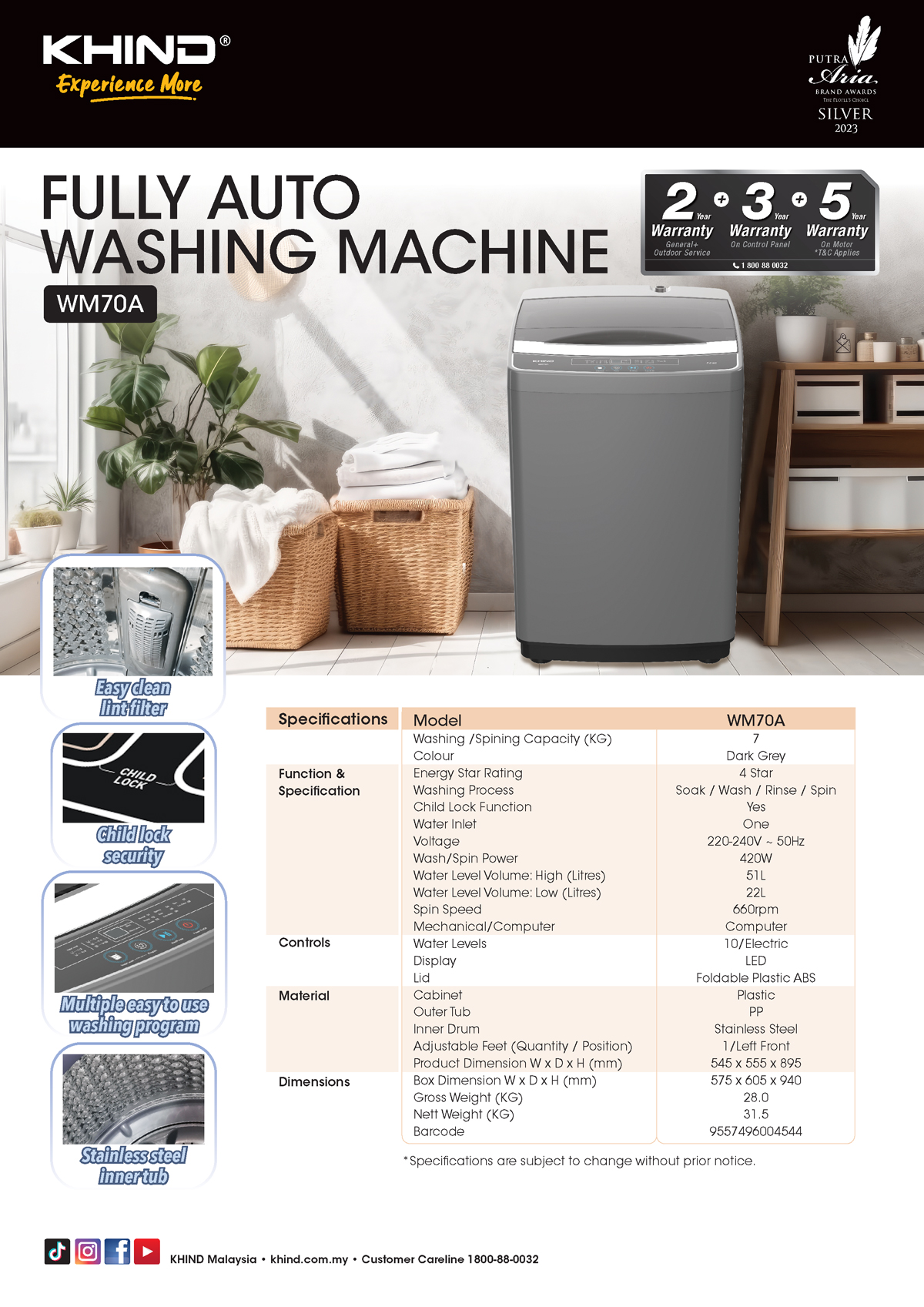 Khind WM70A Fully Auto Washing Machine Cleaner 7KG Washer Mesin Basuh ...