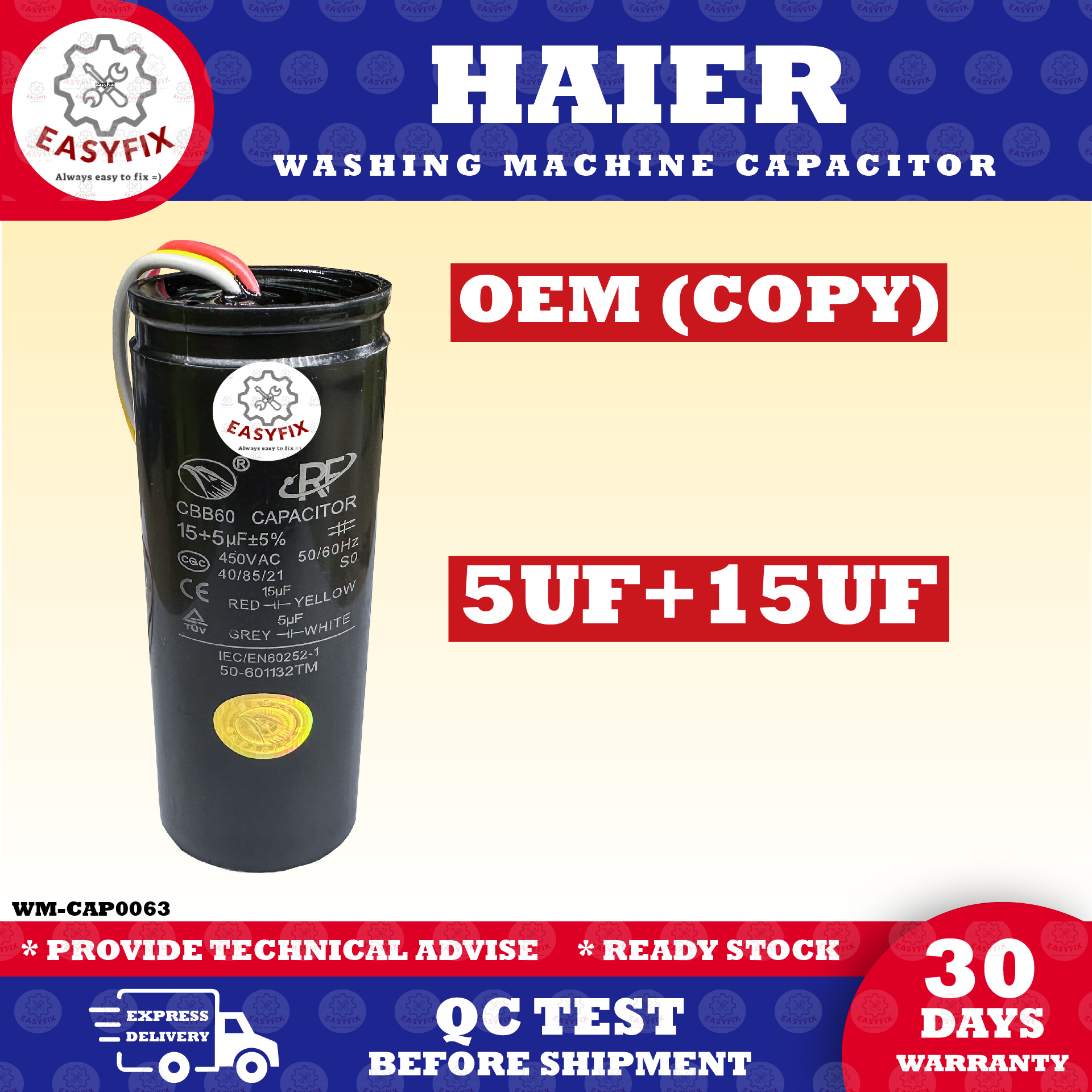 COMPATIBLE WITH HAIER 5UF 15UF 2IN1 SPIN CAPACITOR WASH CAPACITOR ...