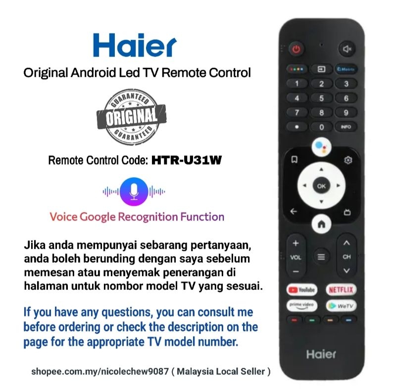 Haier HTR-U31 & HTR-U31W android LED TV Remote Control With Voice Function | Shopee Malaysia
