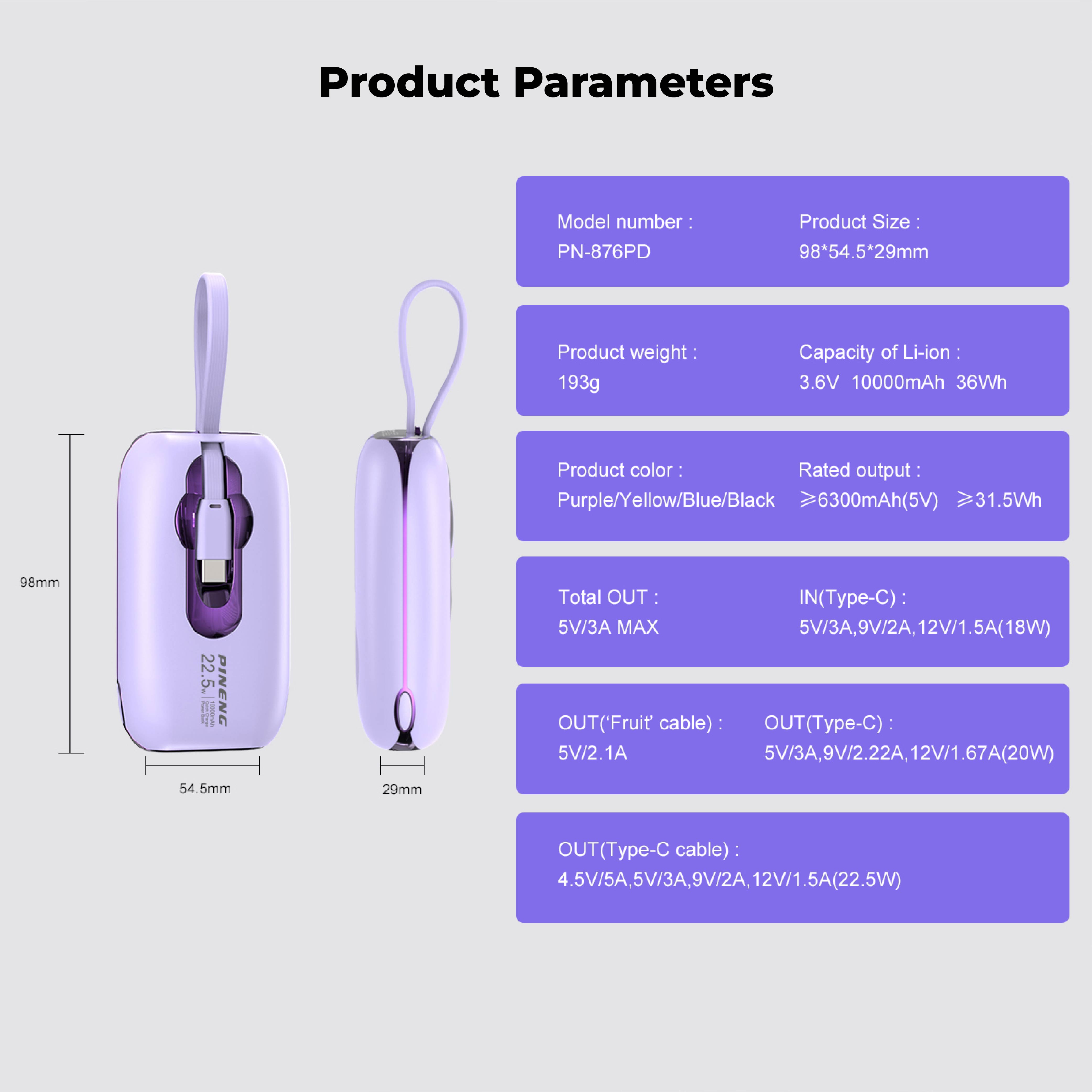 [NEW] Pineng PN-876PD 22.5W 10000mAh Fast Charge Portable Power Bank w ...