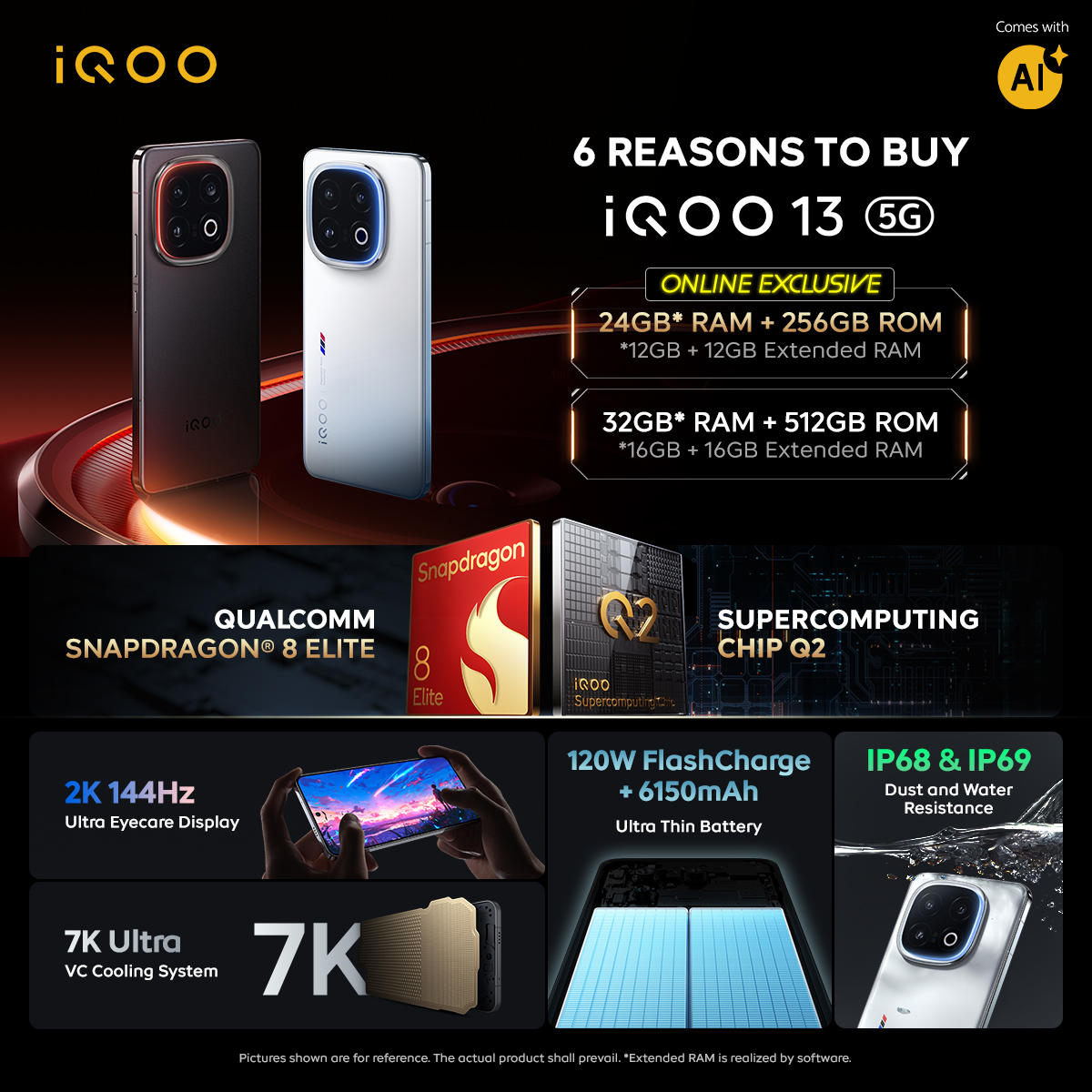 vivo iQOO 13 5G (16+16)GB+512GB, Snapdragon 8 Elite+Chip Q2, 2K 144Hz EyeCare Display, 7K VC ...