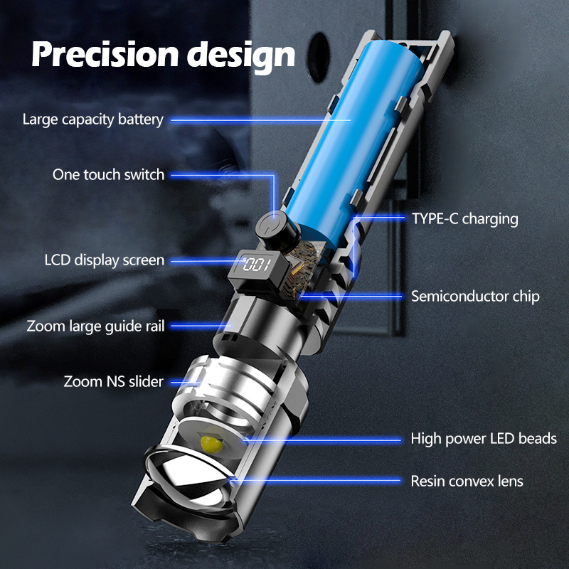 Super Bright Zooming Flashlight Waterproof Flashlight LED Power Display ...
