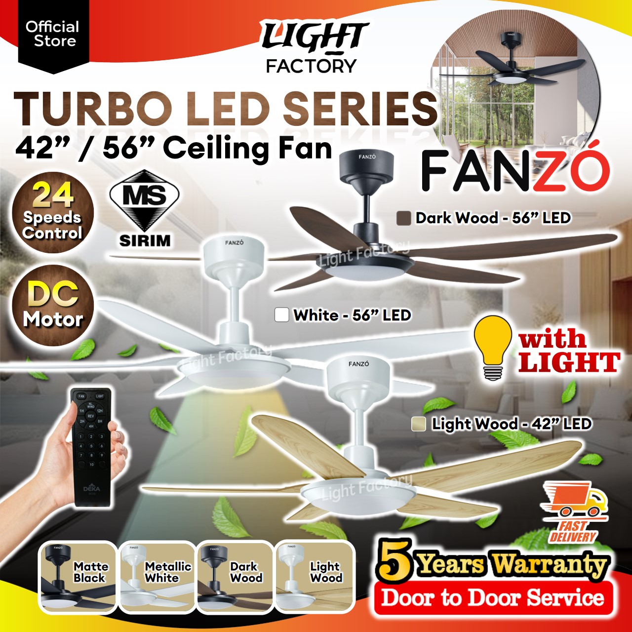 【SIRIM】FANZÓ Turbo LED 42" 56" DC Motor Ceiling Fan With Light 24 ...