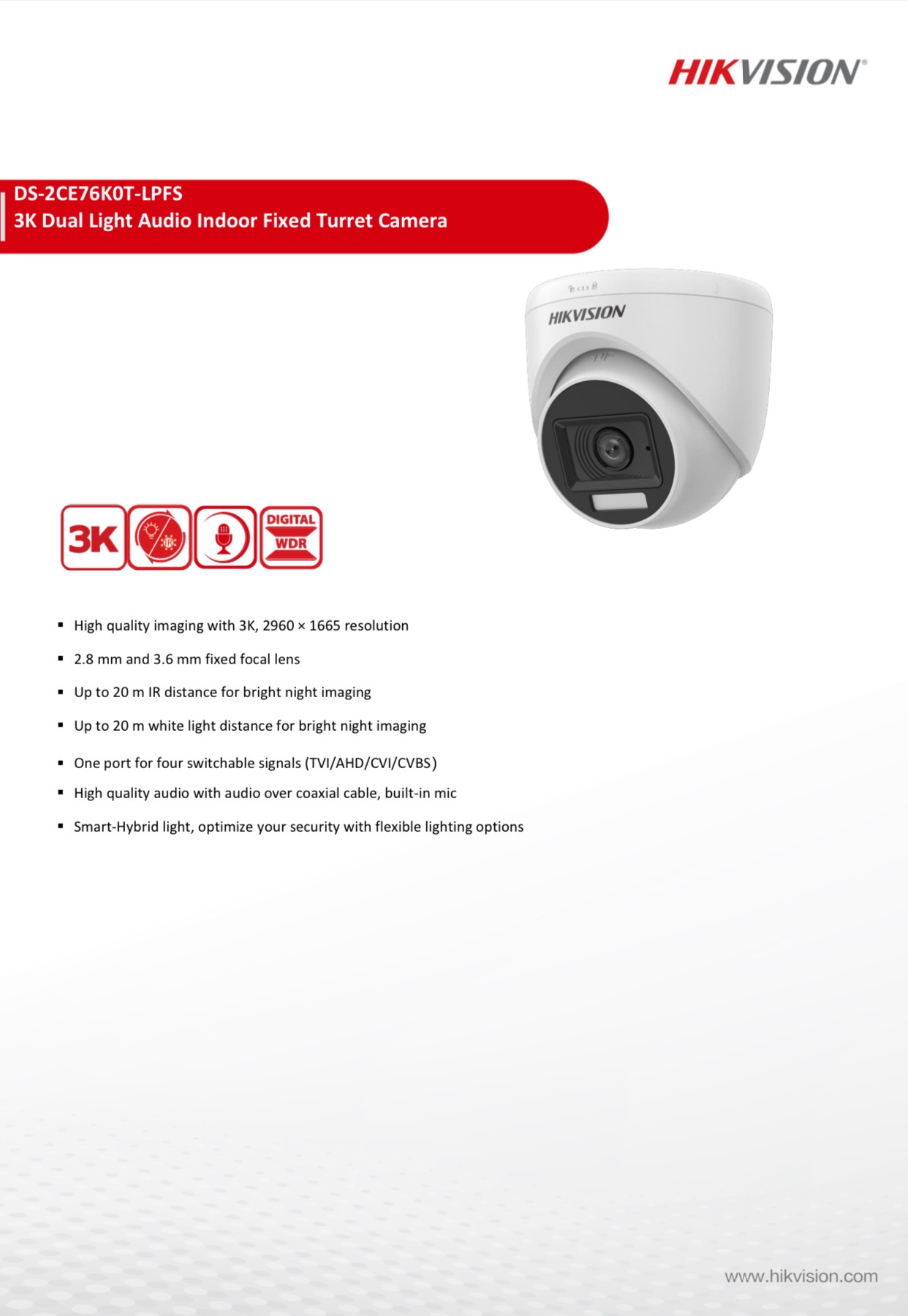 HIK HIKVISION Smart Hybrid Light 3K 5.0MP Dome Indoor Camera DS ...