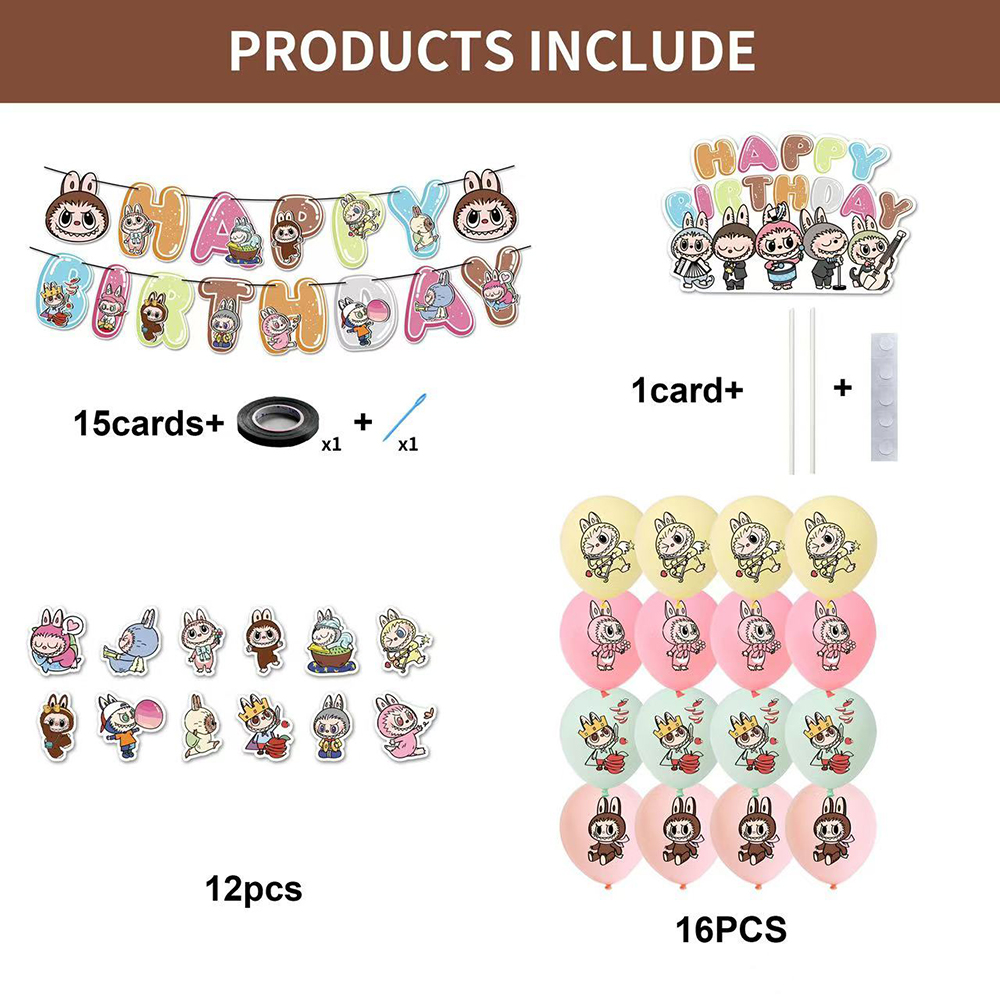 Jom Party Labubu Happy Birthday Set Balloon Cake Topper Banner Cupcake ...