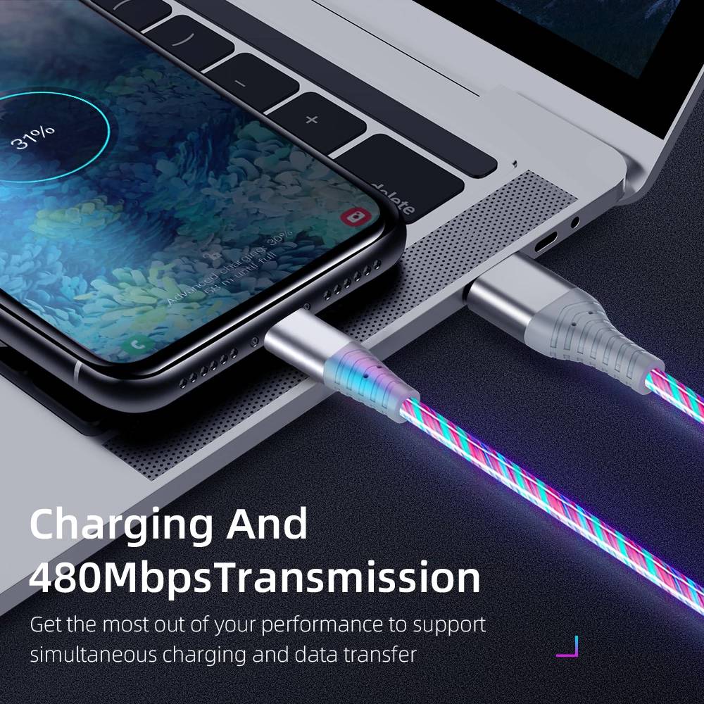 Turbo Charge Cable Type C to Type C with Colourful LED Flowing USB C ...