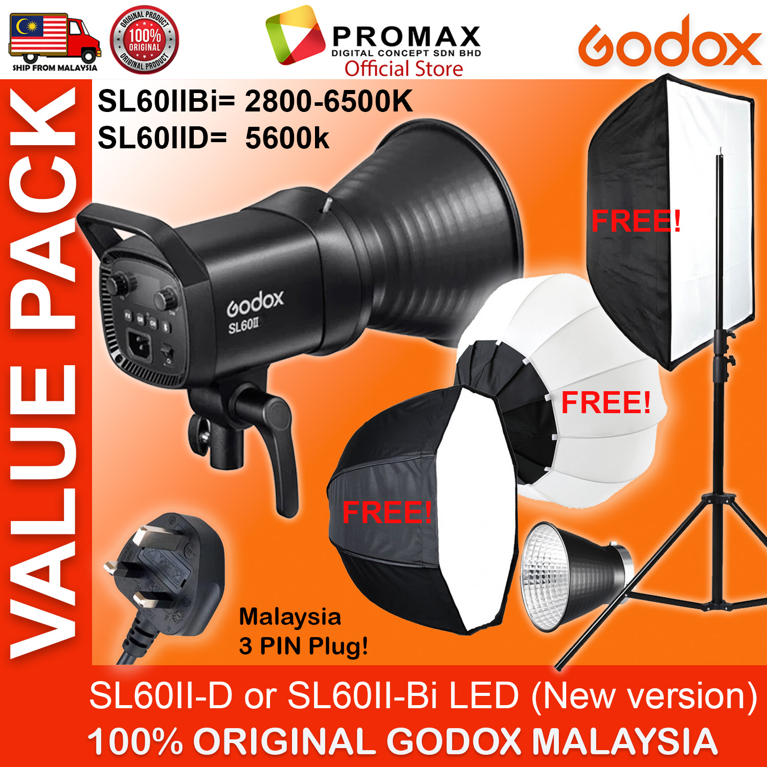 CHEAPEST! Godox SL60 II SL60IID SL60IIBi with Lantern Octa 95cm 60x90cm ...