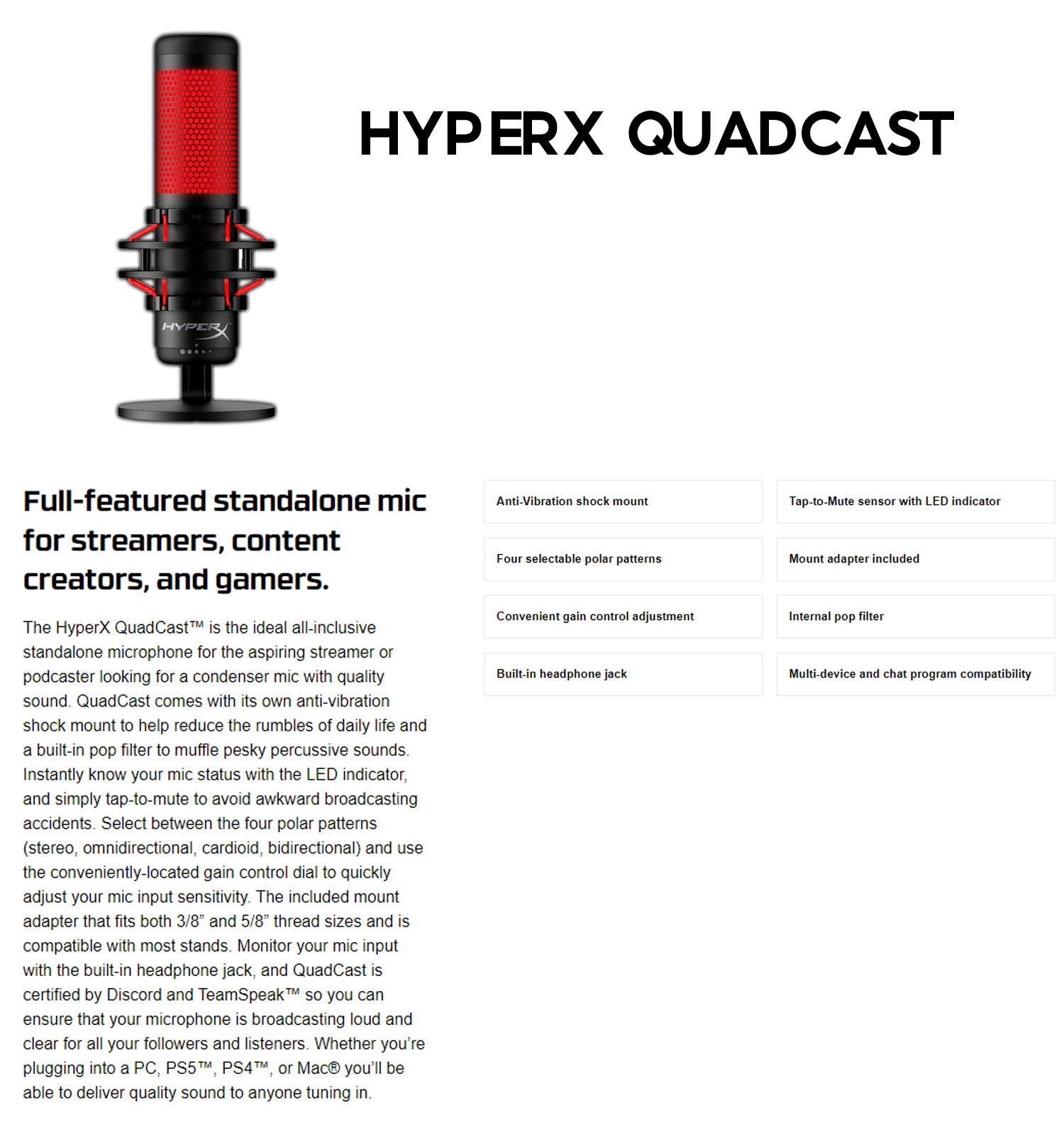 HyperX QuadCast Condender USB Microphone with Built-In Shock Mount, Tap ...