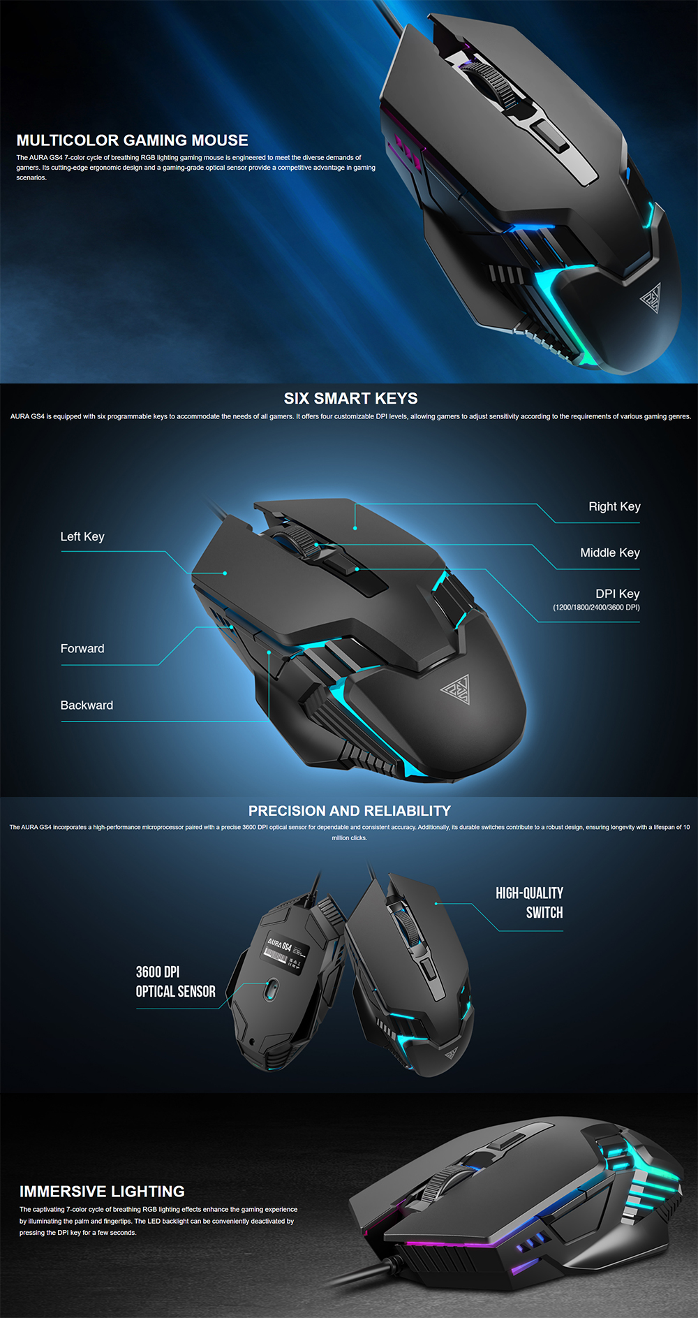 Gamdias AURA GS4 Multicolor Gaming Mouse 6 Multi-functional Keys 3600 ...