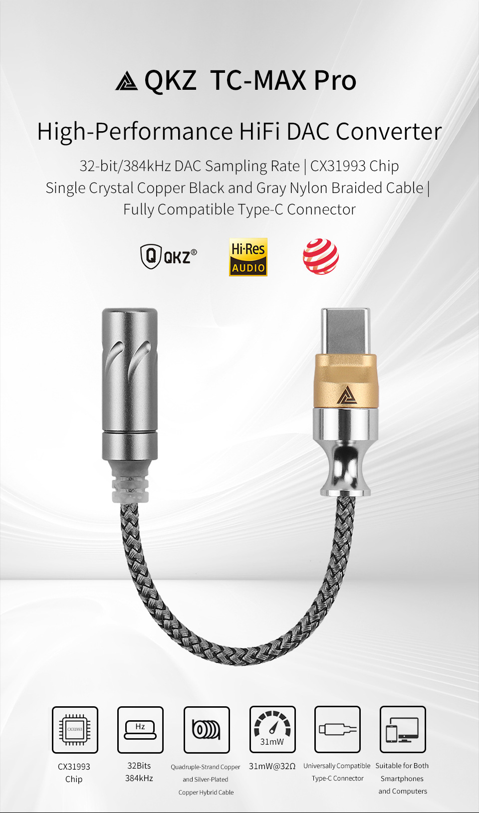 QKZ TC-MAX Pro HiFi DAC USB Type-C To 3.5mm Headphone Audio IEM Adapter ...